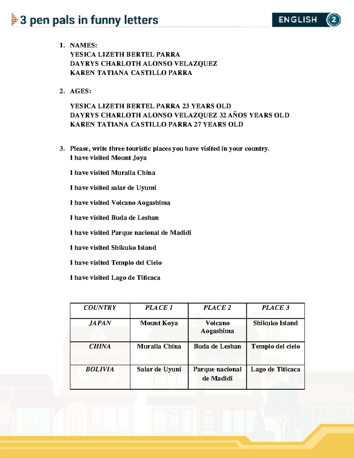 Pen Pal application form - 1. NAMES: YESICA LIZETH BERTEL PARRA DAYRYS ...