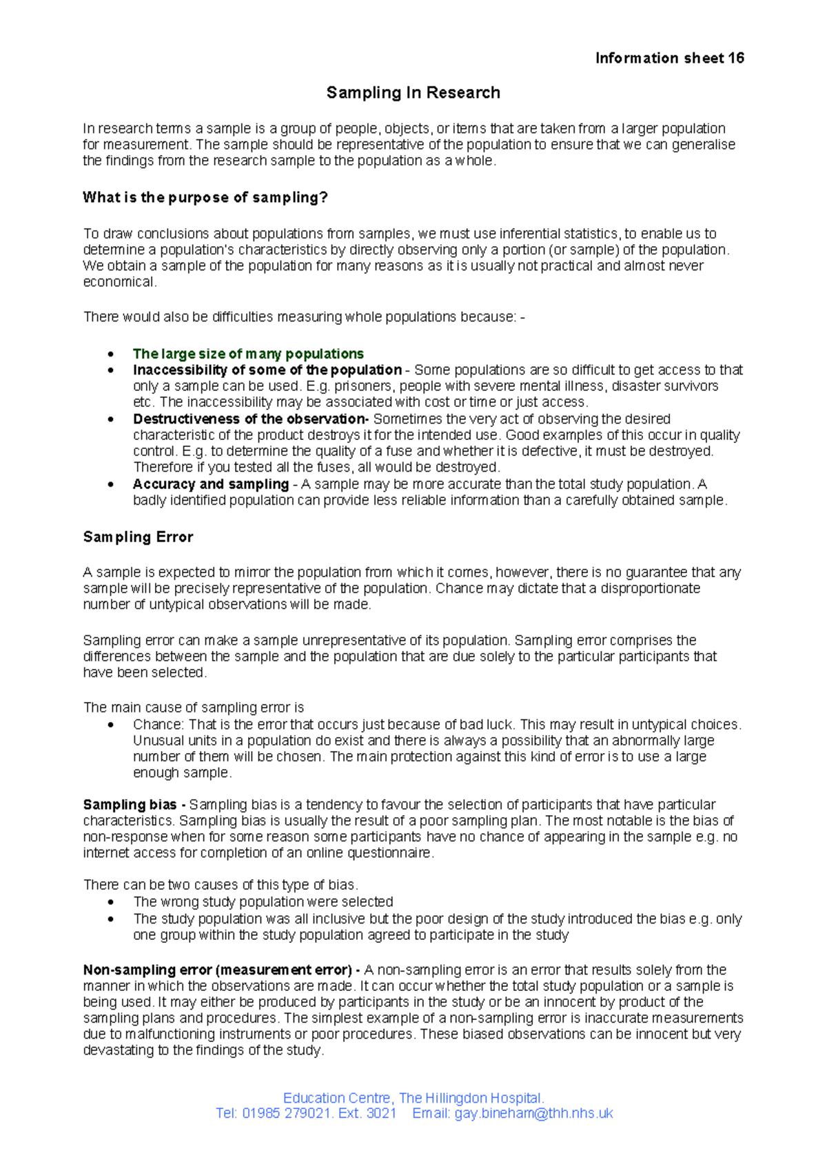 16 sampling research - Information sheet 16 Education Centre, The ...