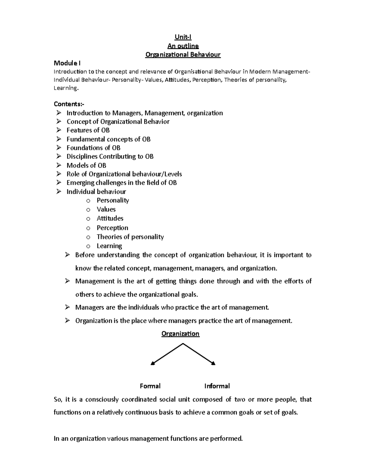 Introduction to organisational behaviour - Unit-I An outline ...
