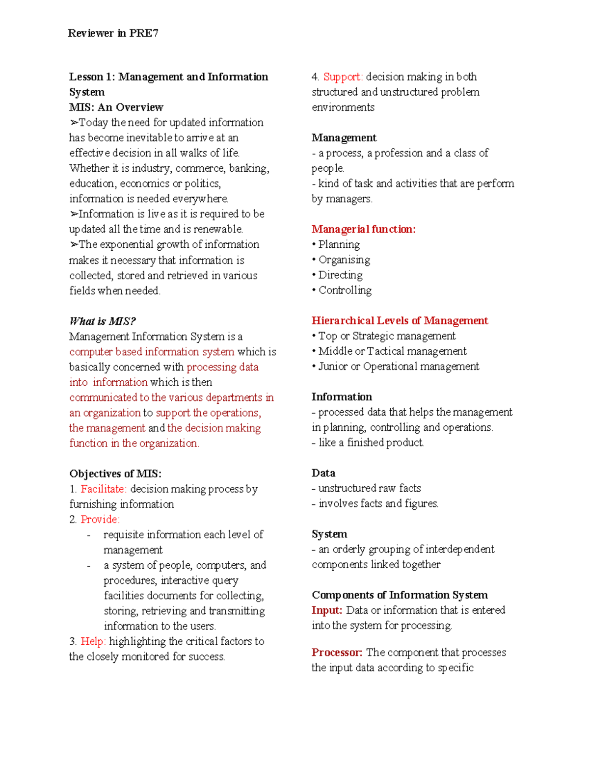 Reviewer in PRE7 (Lesson 1&3) - Reviewer in PRE Lesson 1: Management ...