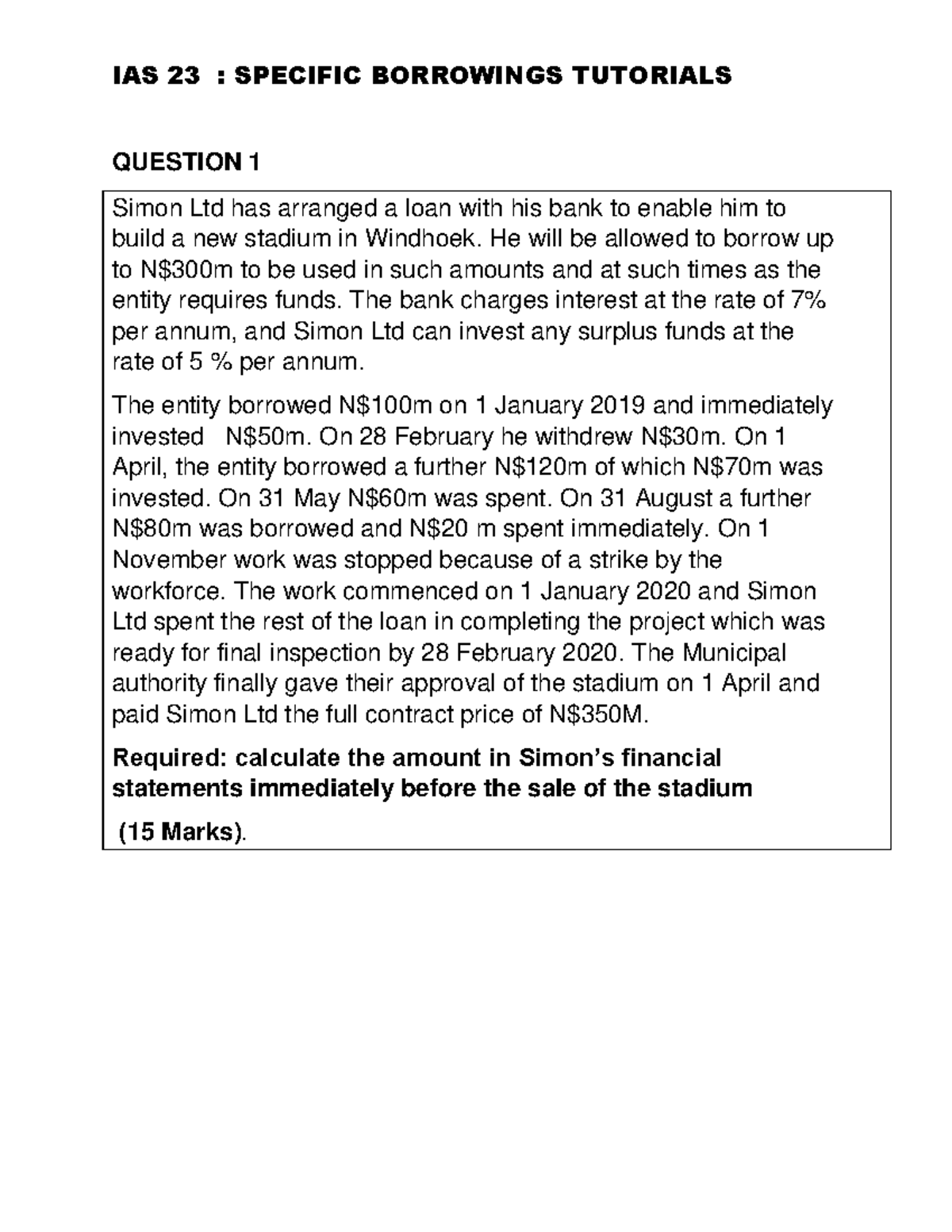 IAS 23 Specific Borrowings QUESTION 1 Simon Ltd Has Arranged A Loan