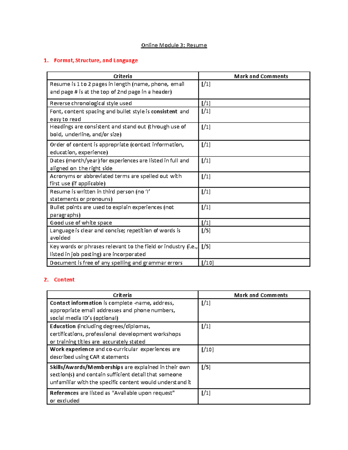 Online+Module+3+resume+rubric - Online Module 3: Resume 1. Format ...