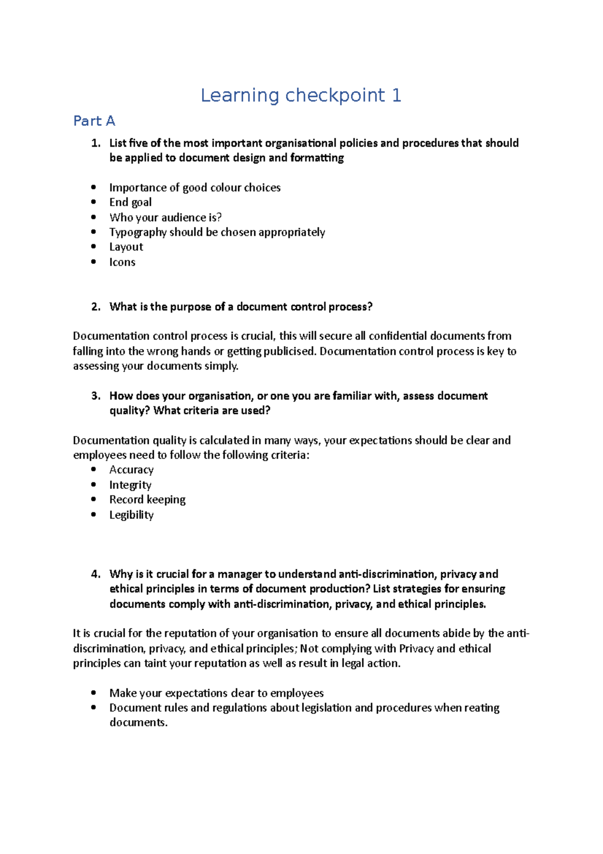 Learning checkpoint 1A - Learning checkpoint 1 Part A List five of the ...