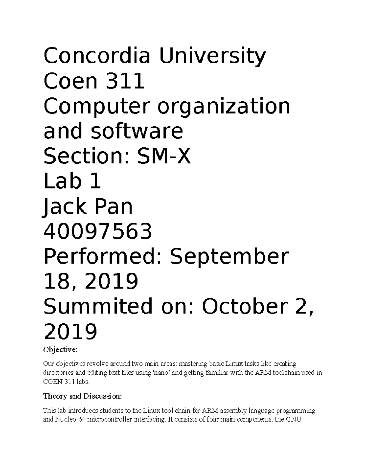 coen 311 lab 1 (first lab) - Concordia University Coen 311 Computer organization and software ...
