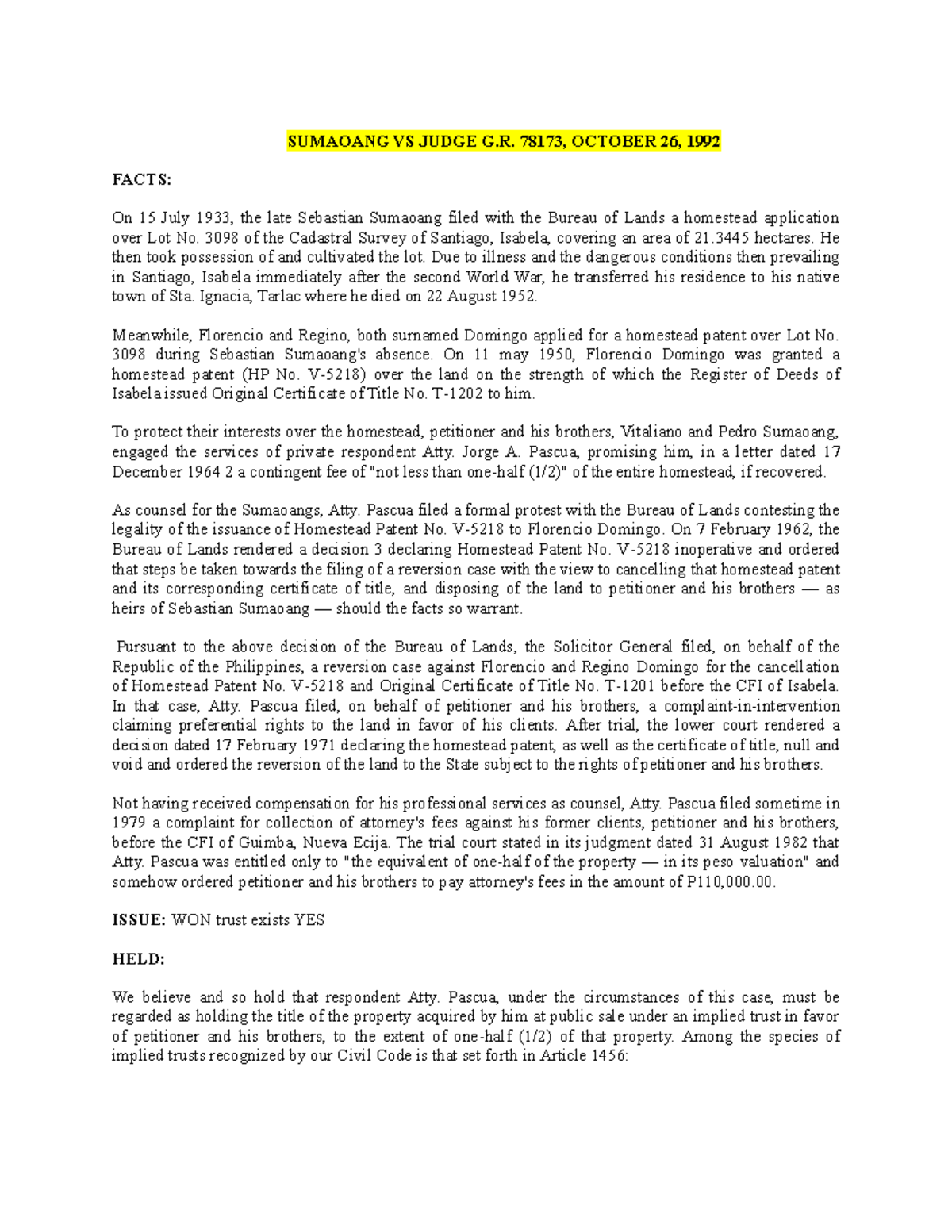 Trust- Cases - Sumaoang vs Judge Gr No. 781773 Heirs of Yap Case Gr No ...