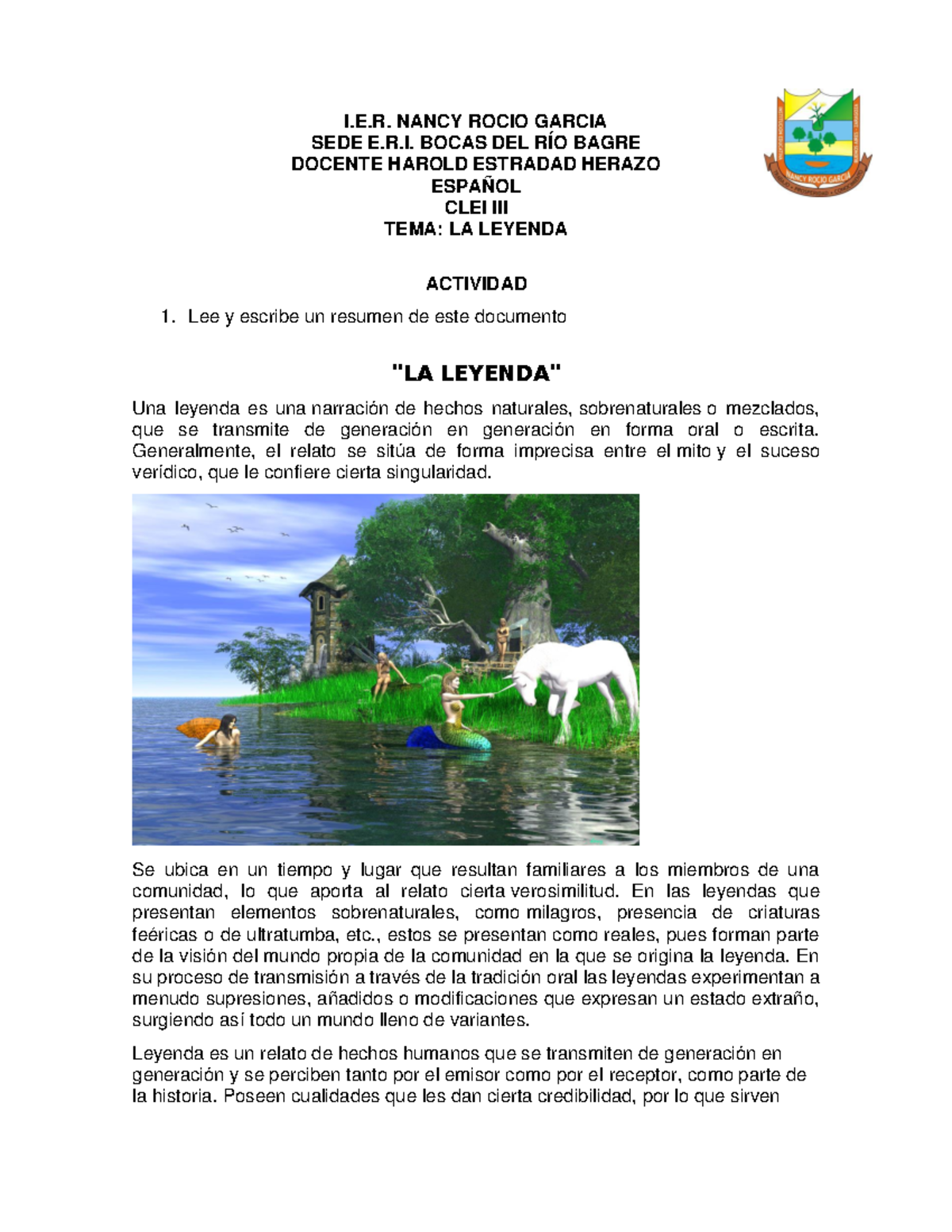 LA Leyenda - trabajo practico - I.E. NANCY ROCIO GARCIA SEDE E.R. BOCAS ...
