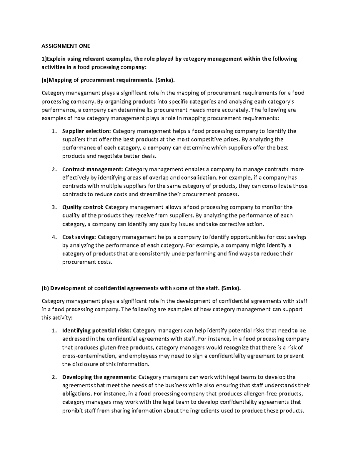 Category Management - ASSIGNMENT ONE 1)Explain using relevant examples, the role played by ...