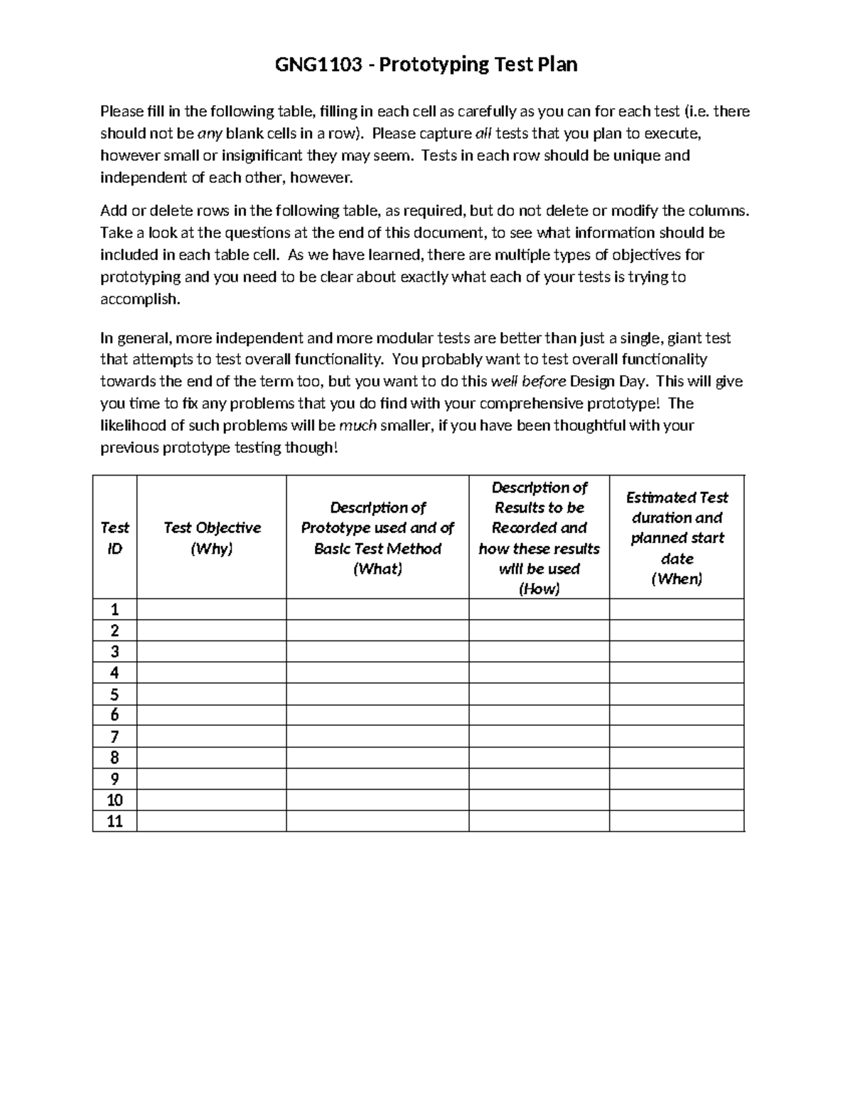11 Test Plan Template v51 - GNG1103 - Prototyping Test Plan Please fill ...