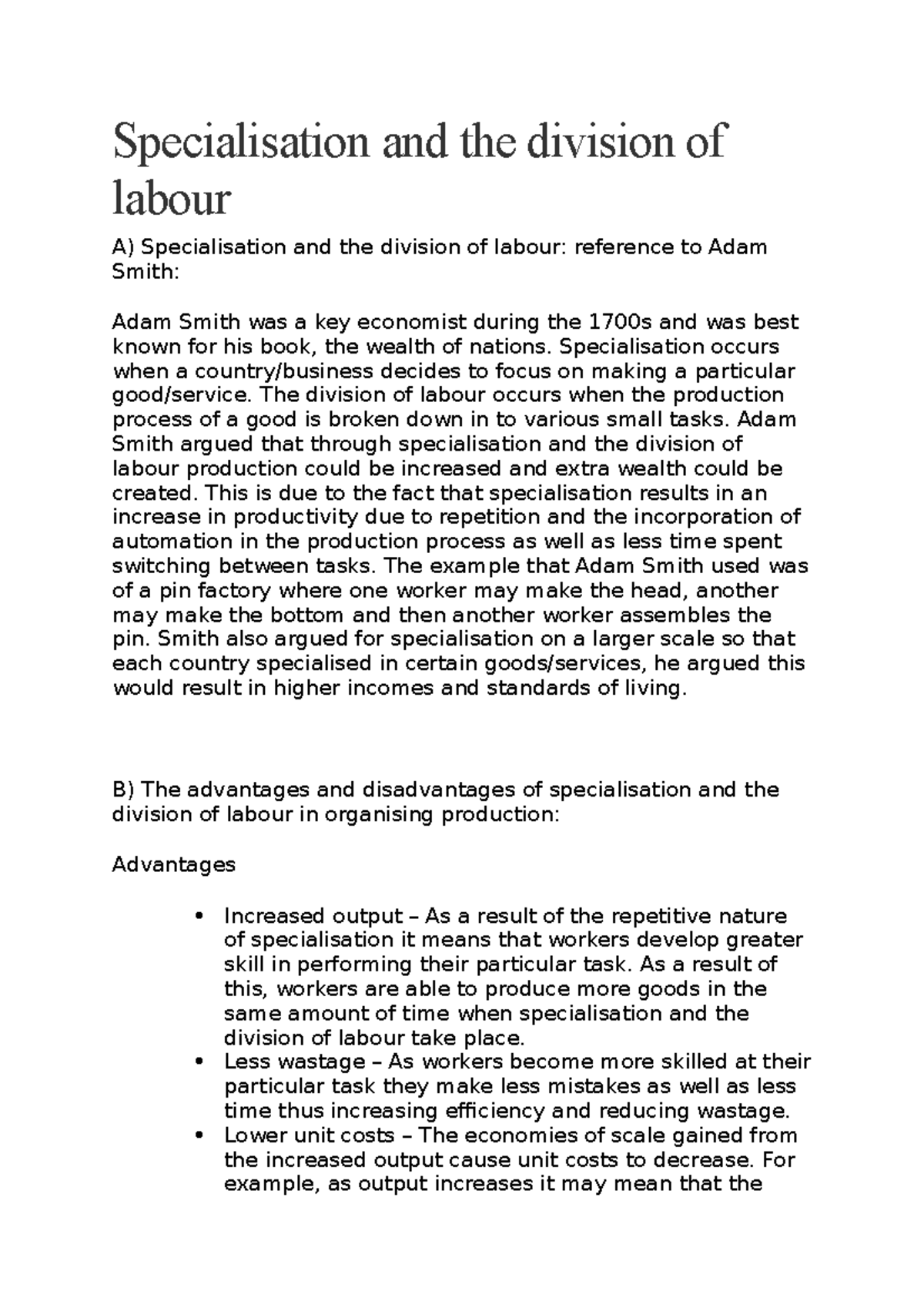 Econ notes - Specialisation and the division of labour A ...