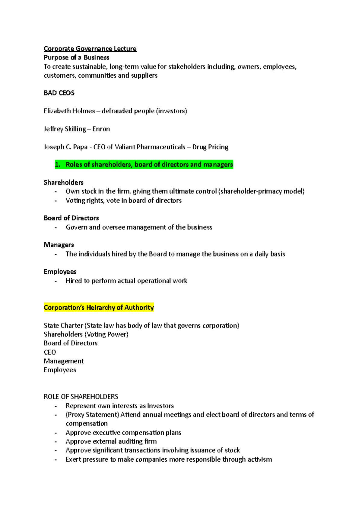 Corporate Governance Lecture - Corporate Governance Lecture Purpose of ...