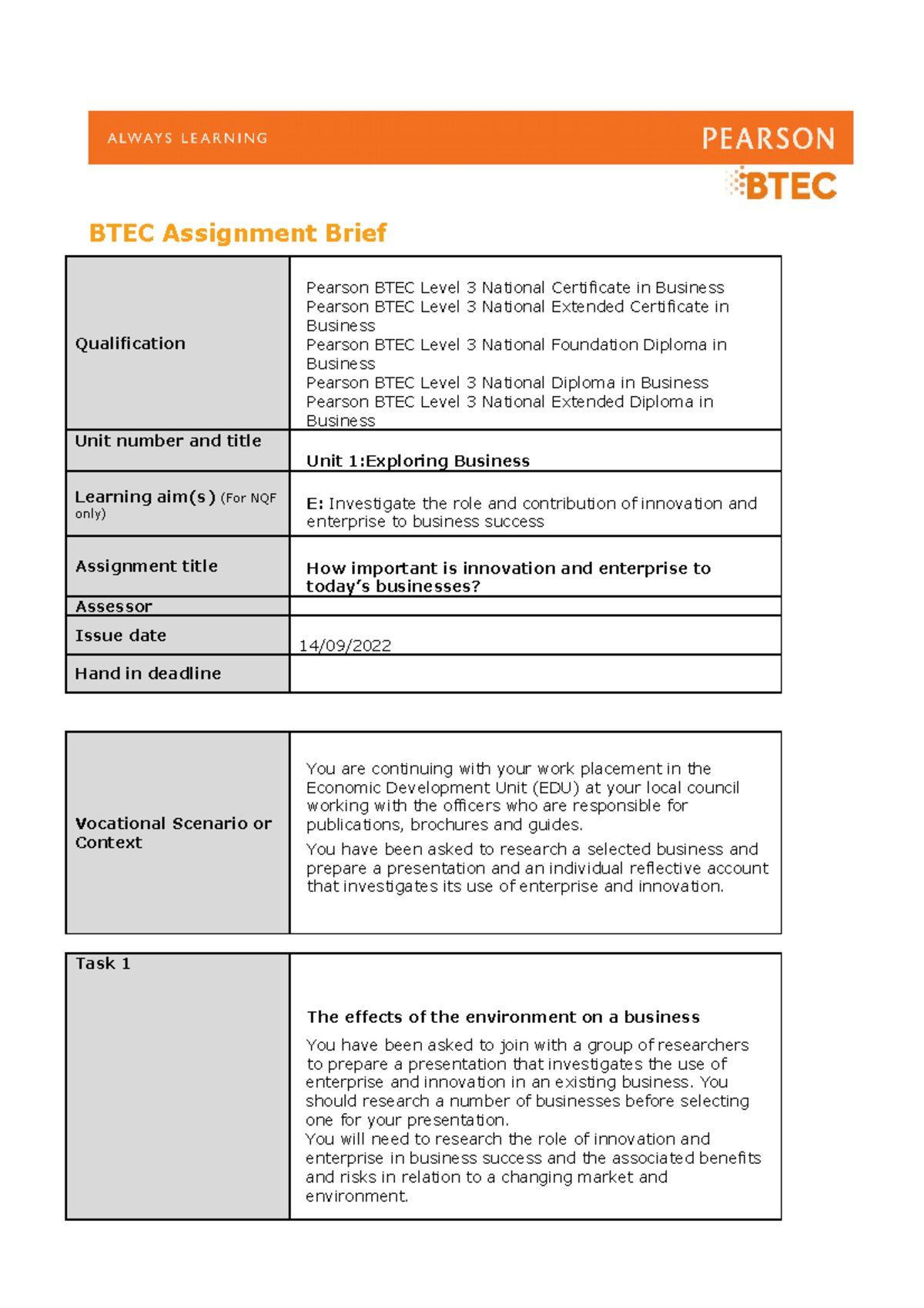 Unit 1 LA E Assignment brief (Authorised) - BTEC Assignment Brief Qualification Pearson BTEC ...