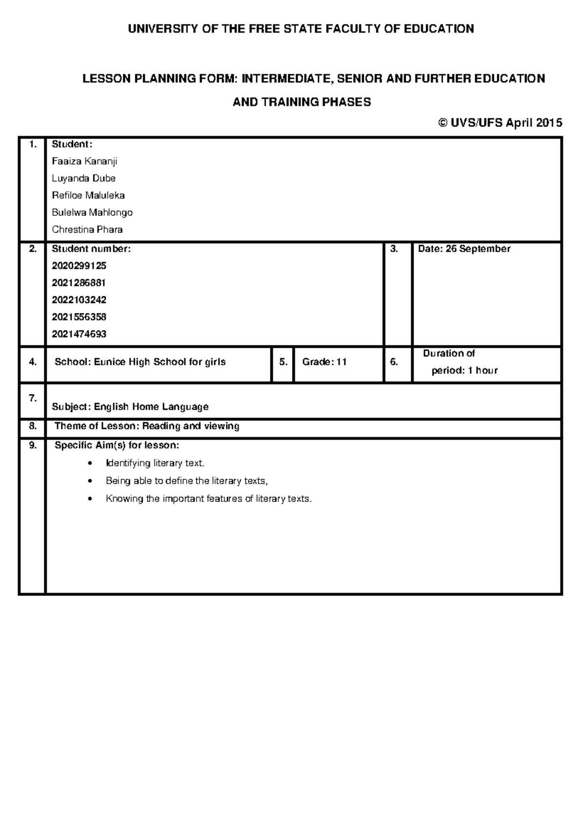 English HL Lesson PLAN Copy UNIVERSITY OF THE FREE STATE FACULTY OF