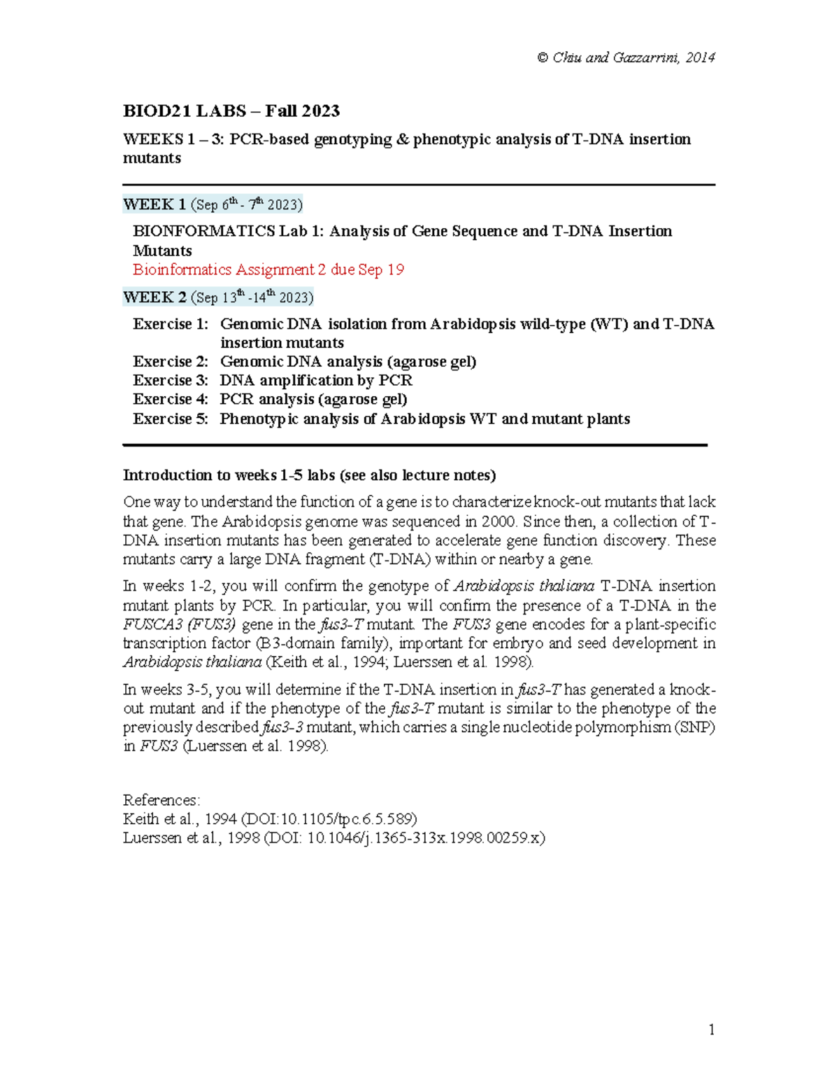 Weeks 1-2 Labs F2023 (DNA PCR) - BIOD21 LABS – Fall 2023 WEEKS 1 – 3 ...