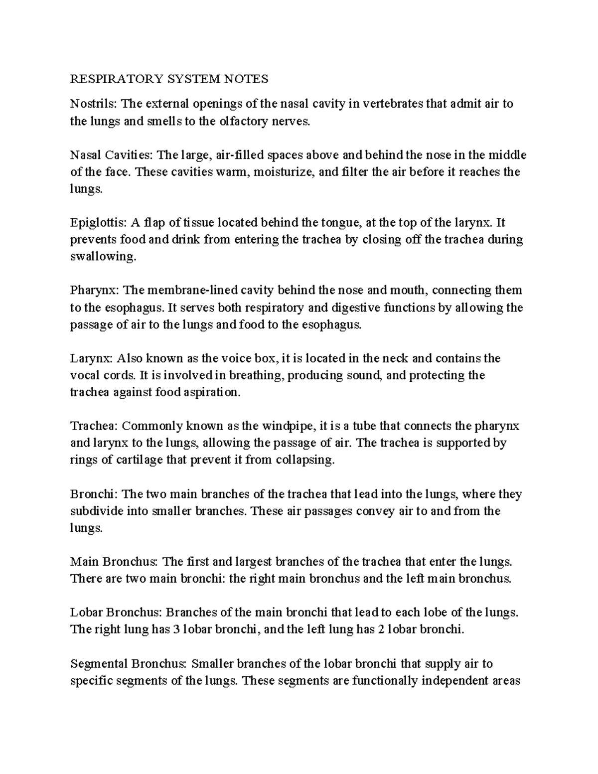 Respiratory System Notes - RESPIRATORY SYSTEM NOTES Nostrils: The ...