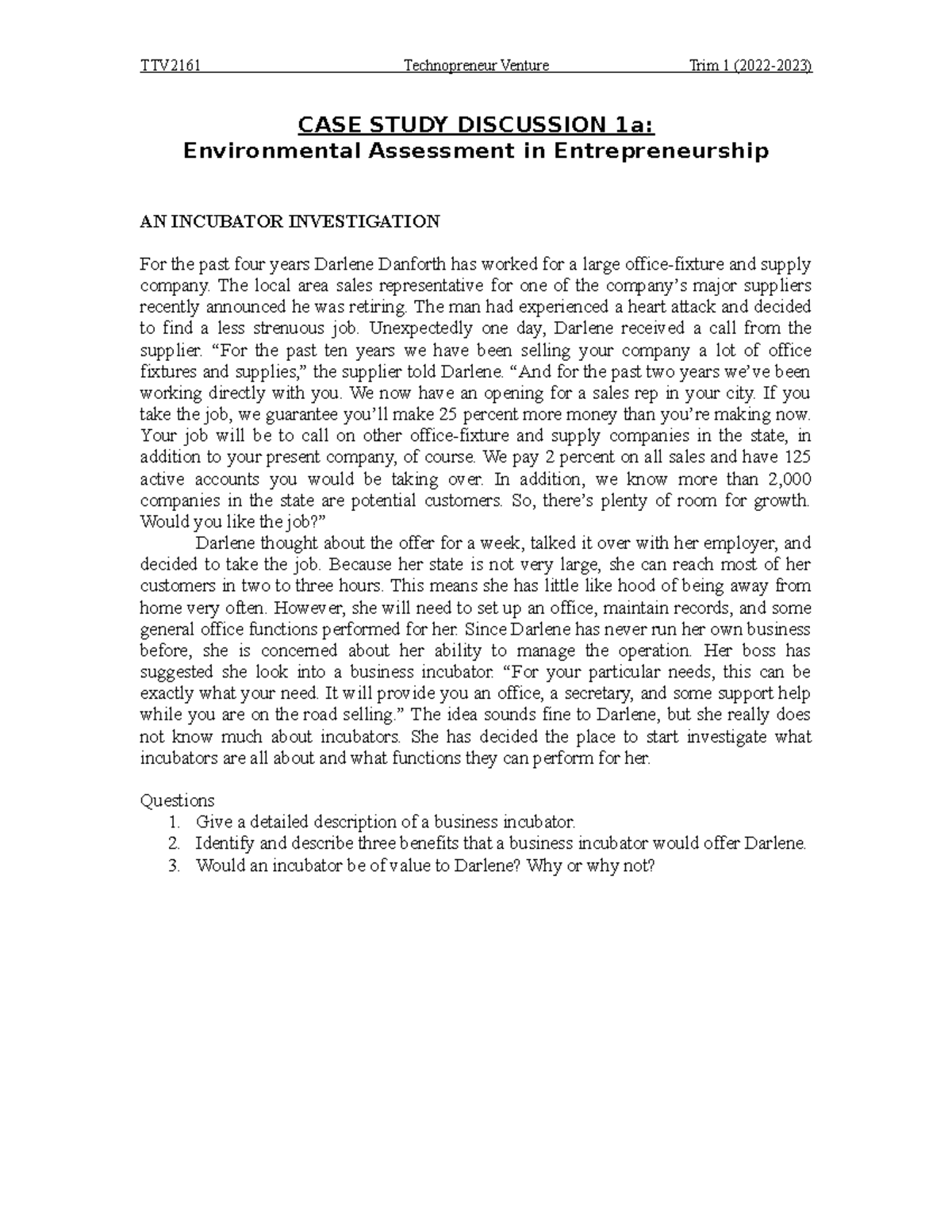 Case Study Discussion 1a questions - TTV2161 Technopreneur Venture Trim ...