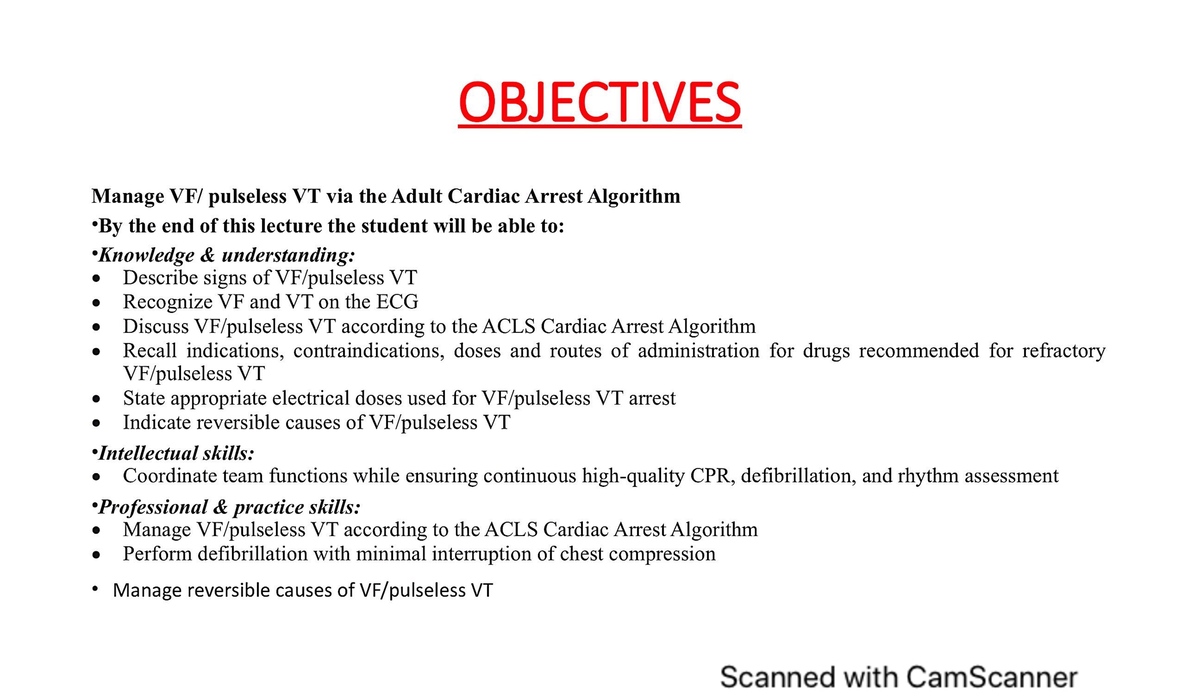 Lecture 6 treat vf and vt with ACLS algo - Hospital Pharmacy - Studocu
