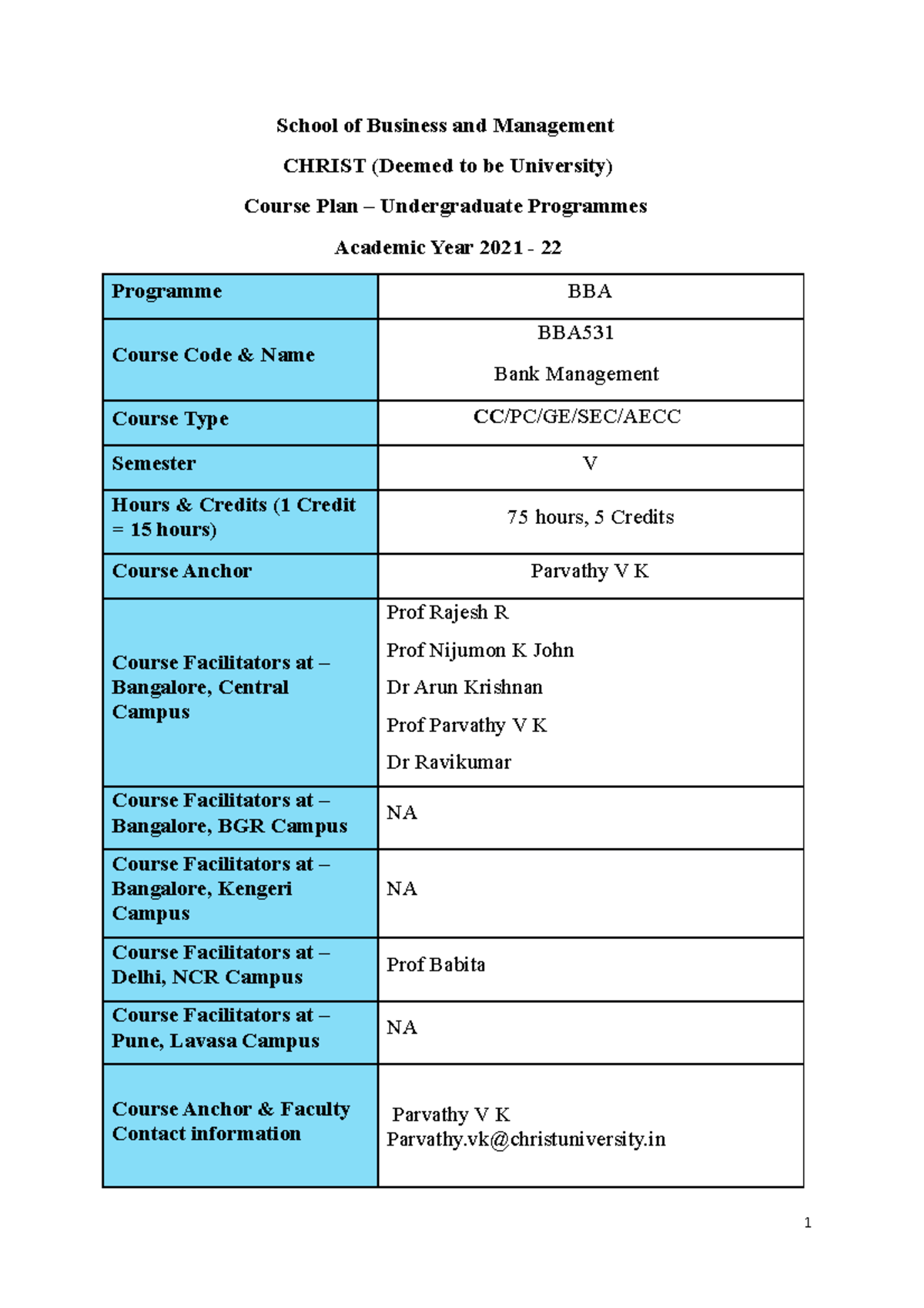 BBA531 Bank management Course plan 2021 - School of Business and ...