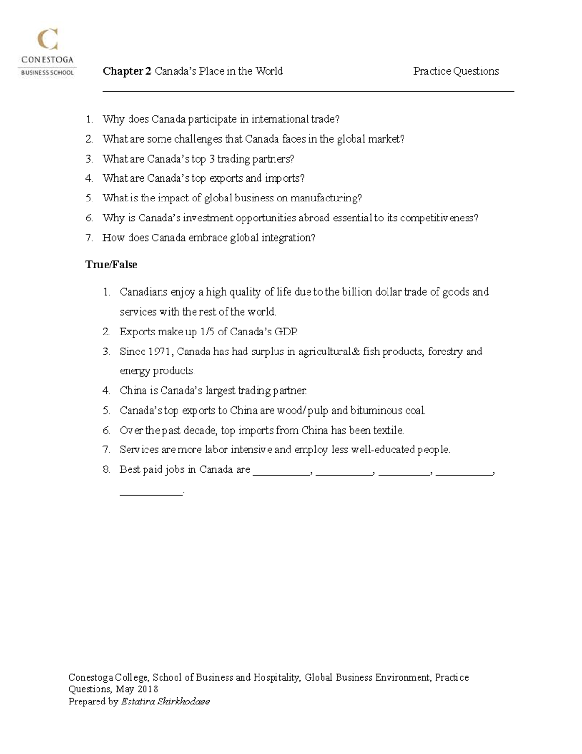 2 2018, questions - Chapter 2 Canada’s Place in the World Practice ...