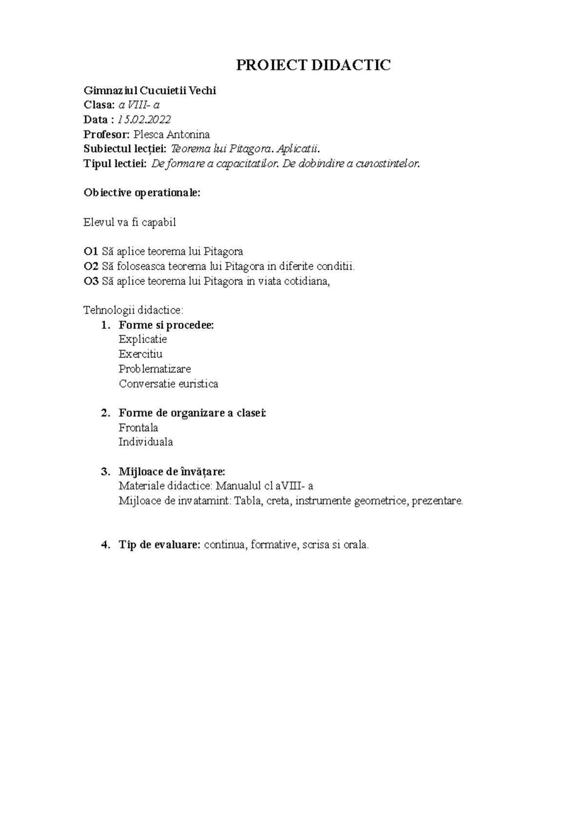 Teorema lui Pitagora. Aplicatii - PROIECT DIDACTIC Gimnaziul Cucuietii ...