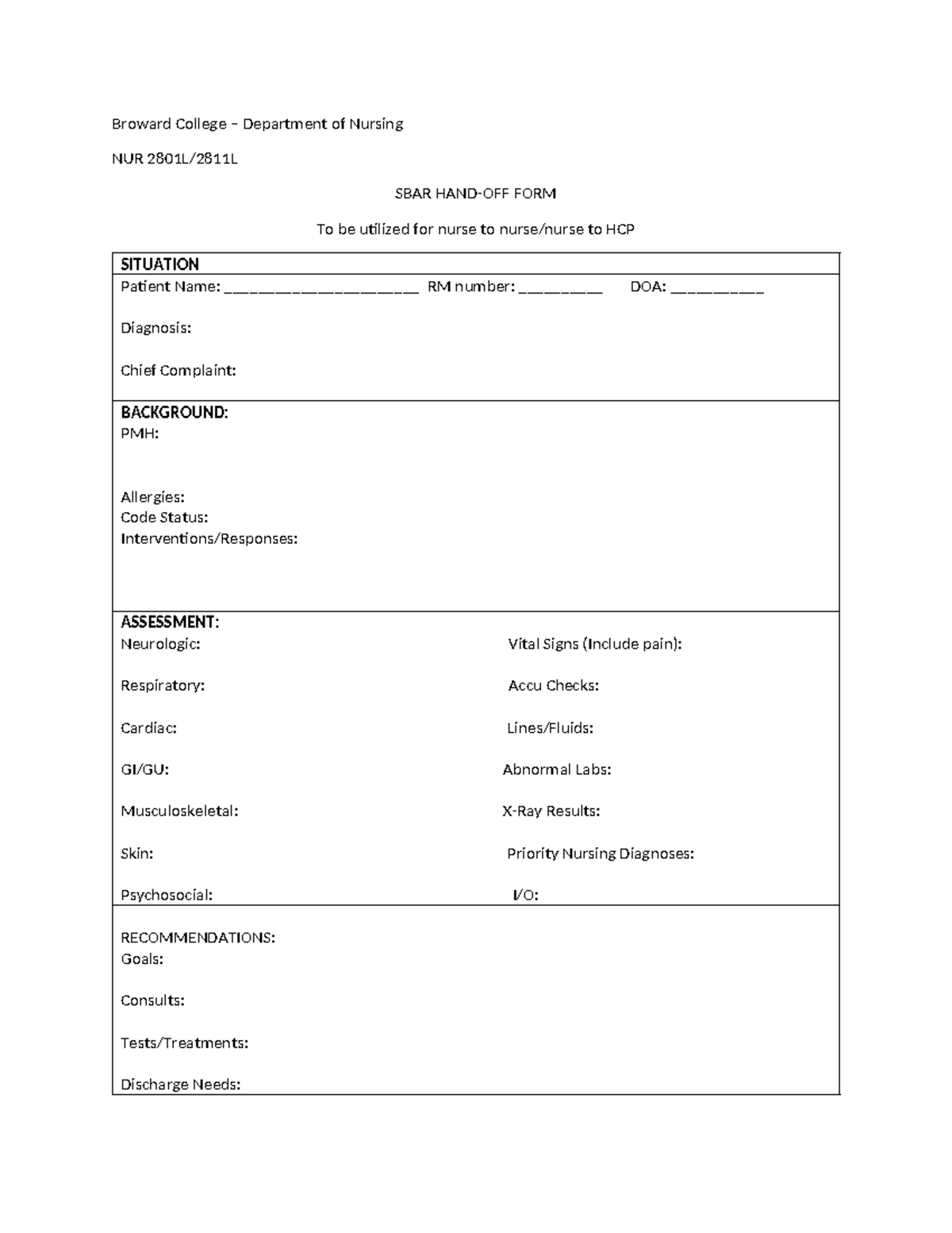 SBAR FORM - nurisng - Broward College – Department of Nursing NUR 2801L ...