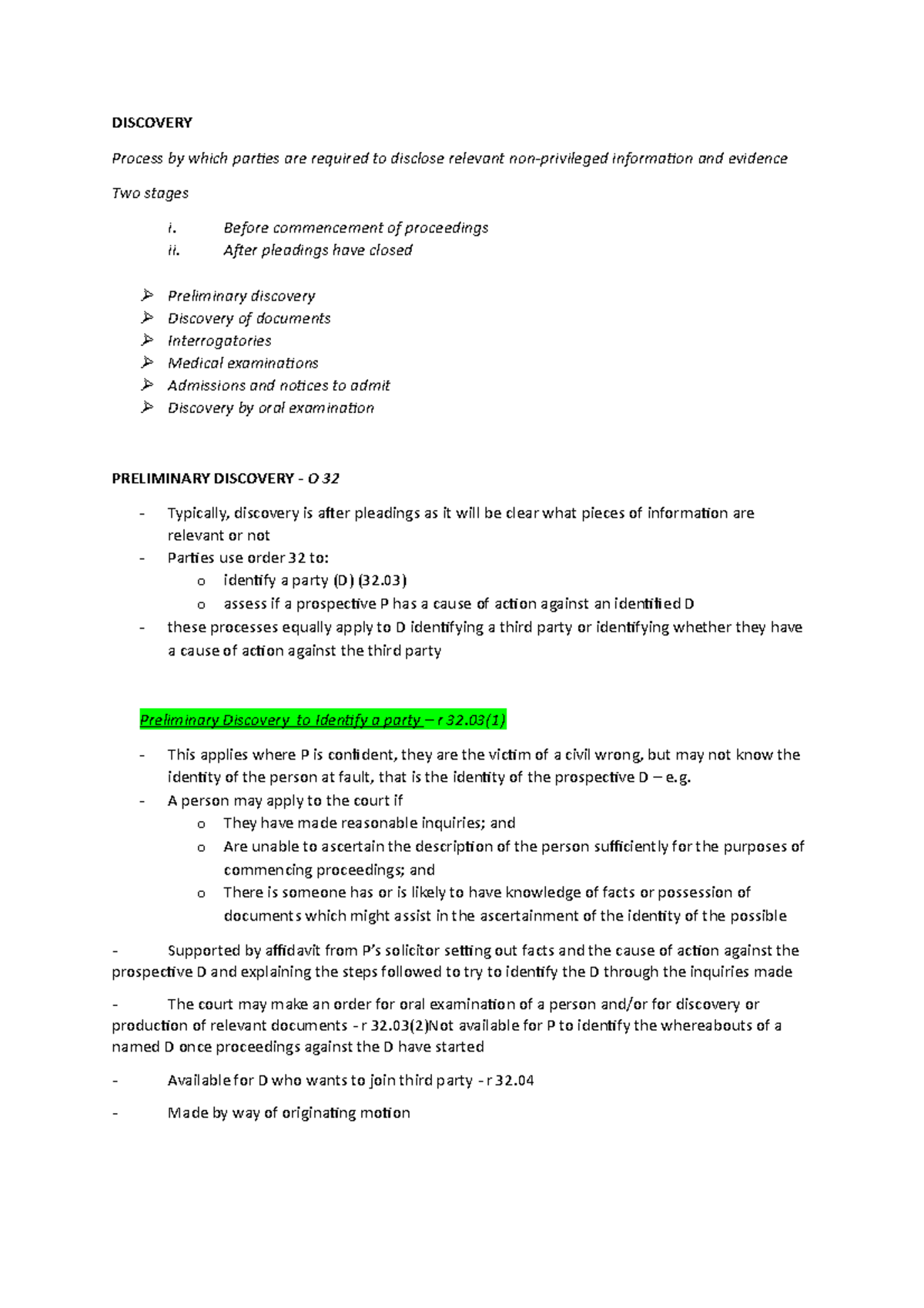 Discovery exam revision - DISCOVERY Process by which parties are ...