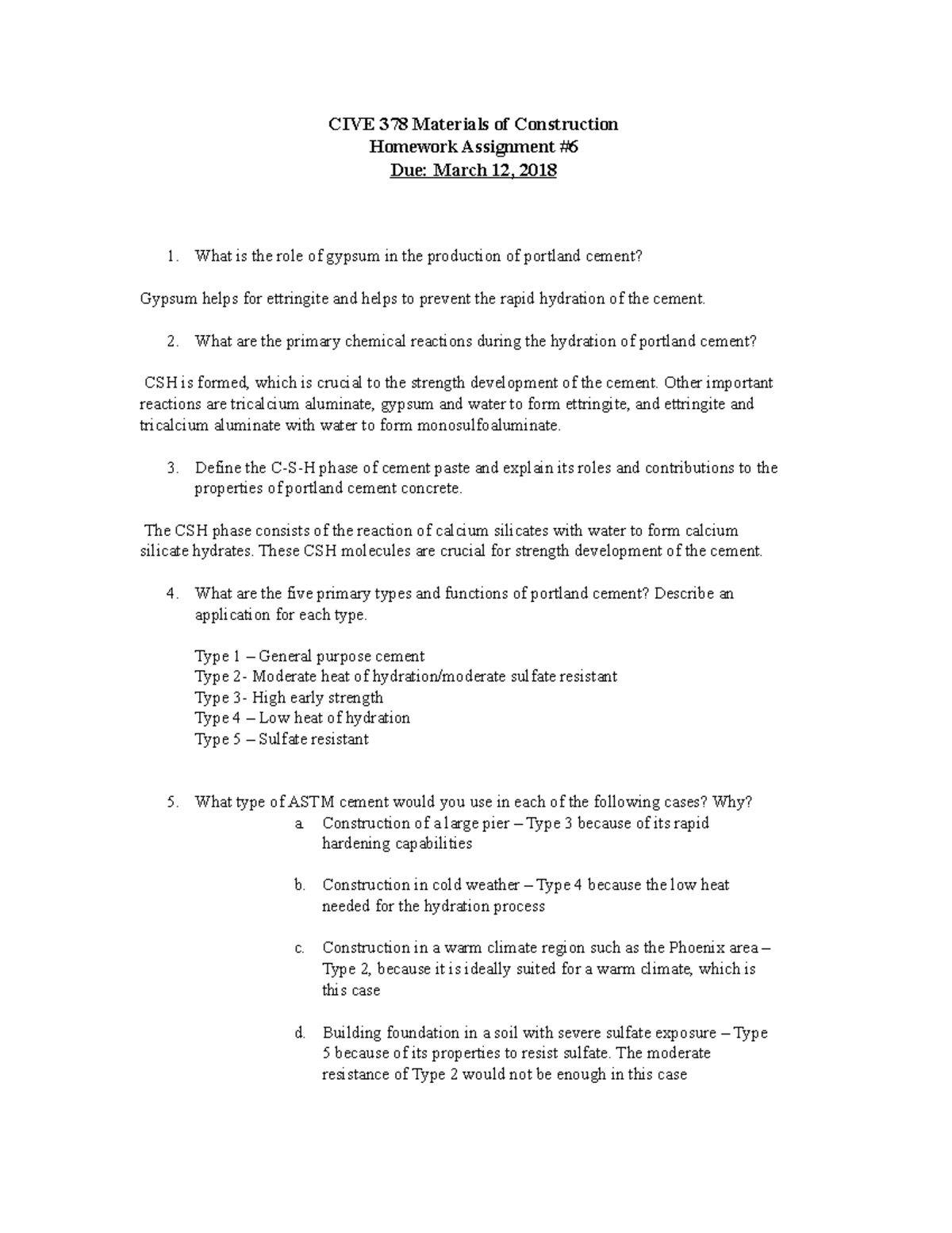 HW#6 - HW SOLUTIONS - CIVE 378 Materials of Construction Homework ...
