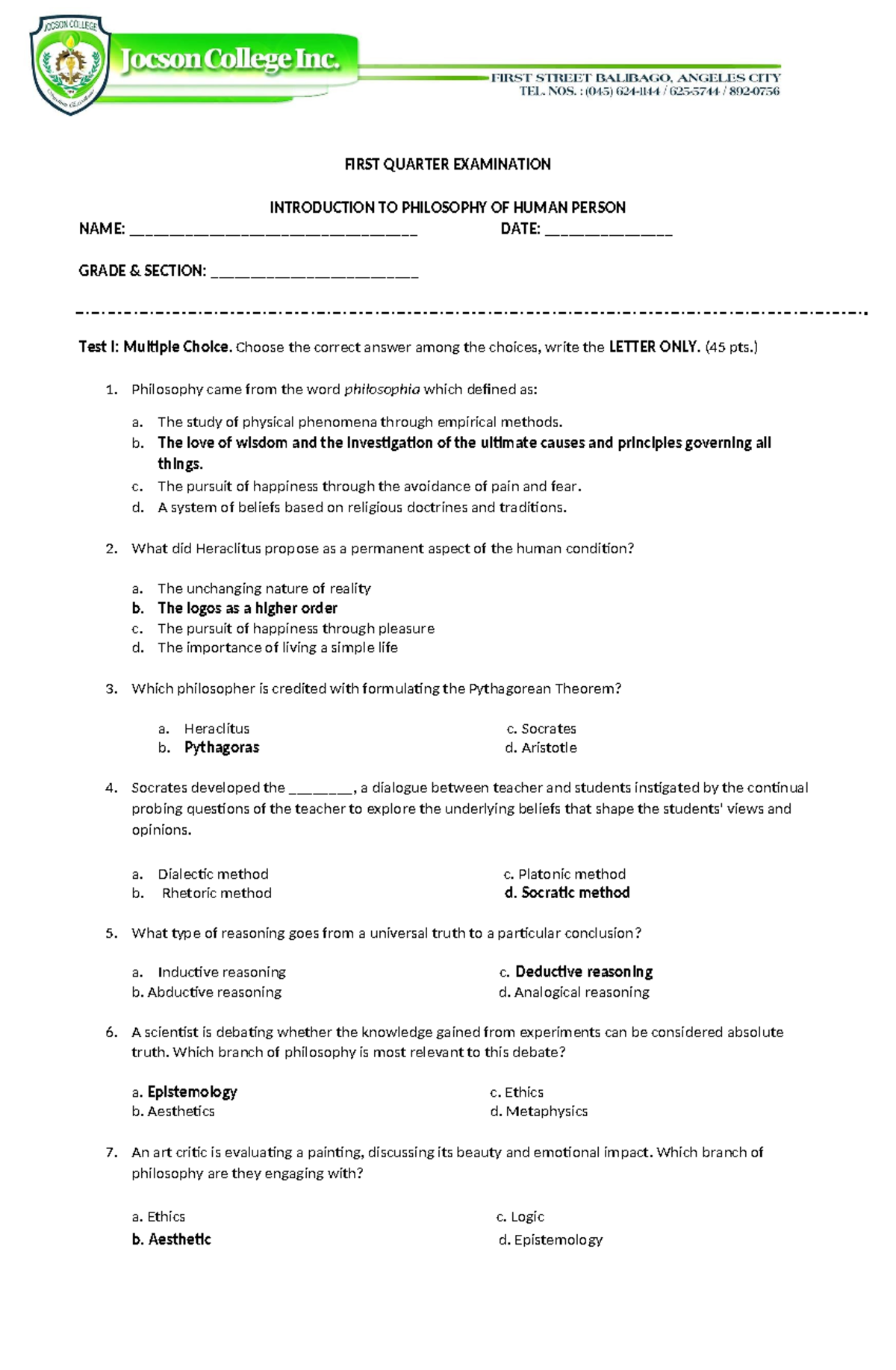 Examination in Grade 12 Philosophy - FIRST QUARTER EXAMINATION ...