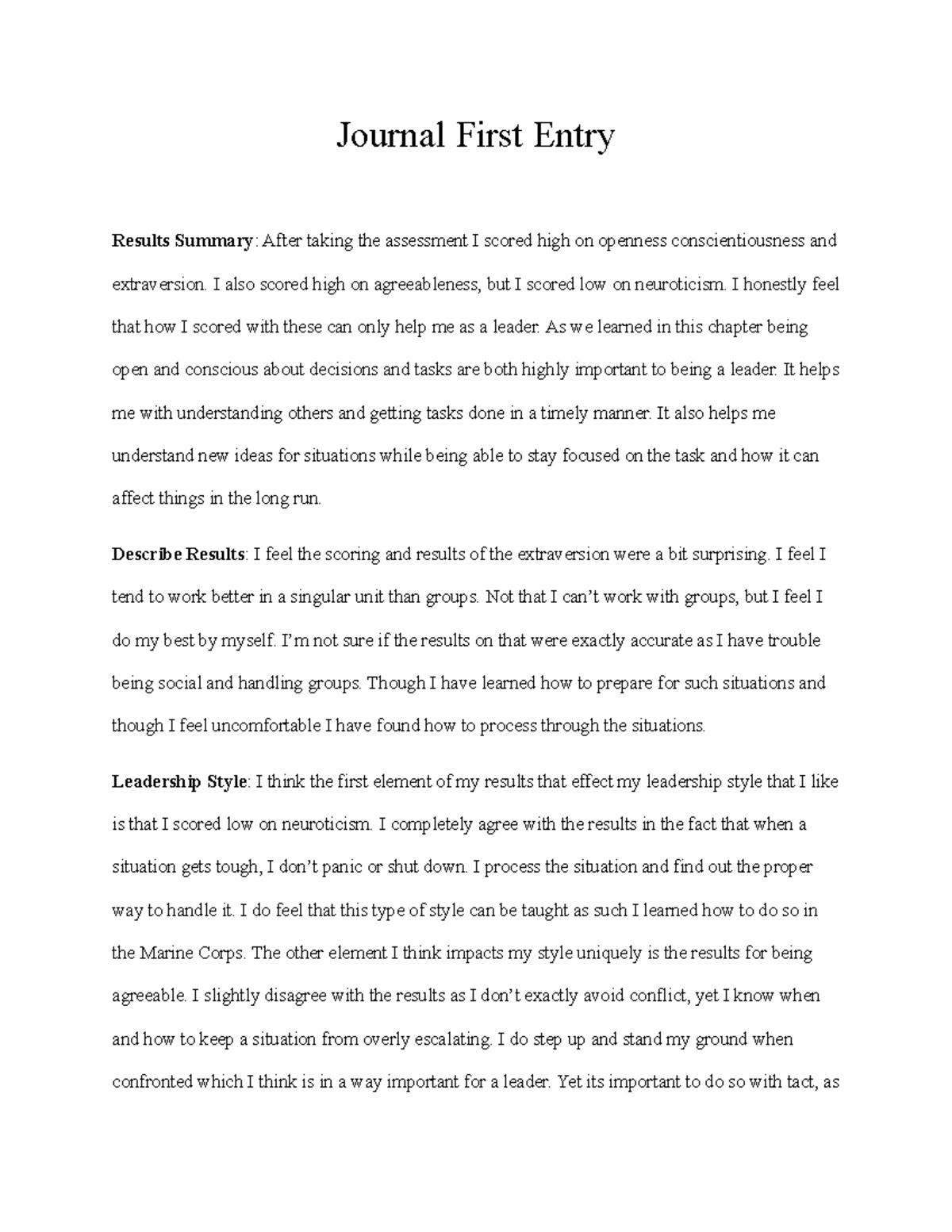 Bus journal 1 - Journal First Entry Results Summary : After taking the ...