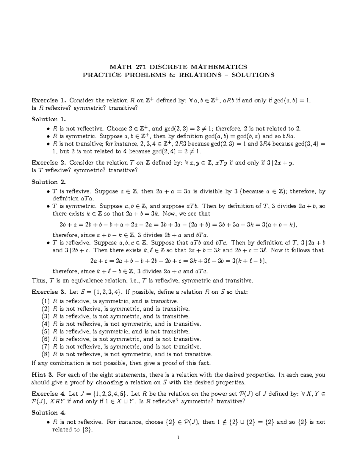 271-Practice Worksheet 6 Solutions - MATH 271 DISCRETE MATHEMATICS ...