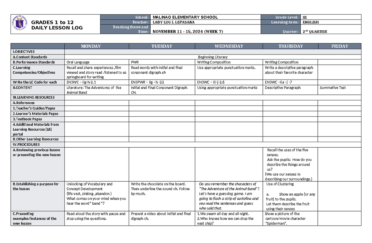 DLL English 3 Q2 W7 - GRADES 1 to 12 DAILY LESSON LOG School: MALINAO ELEMENTARY SCHOOL Grade ...