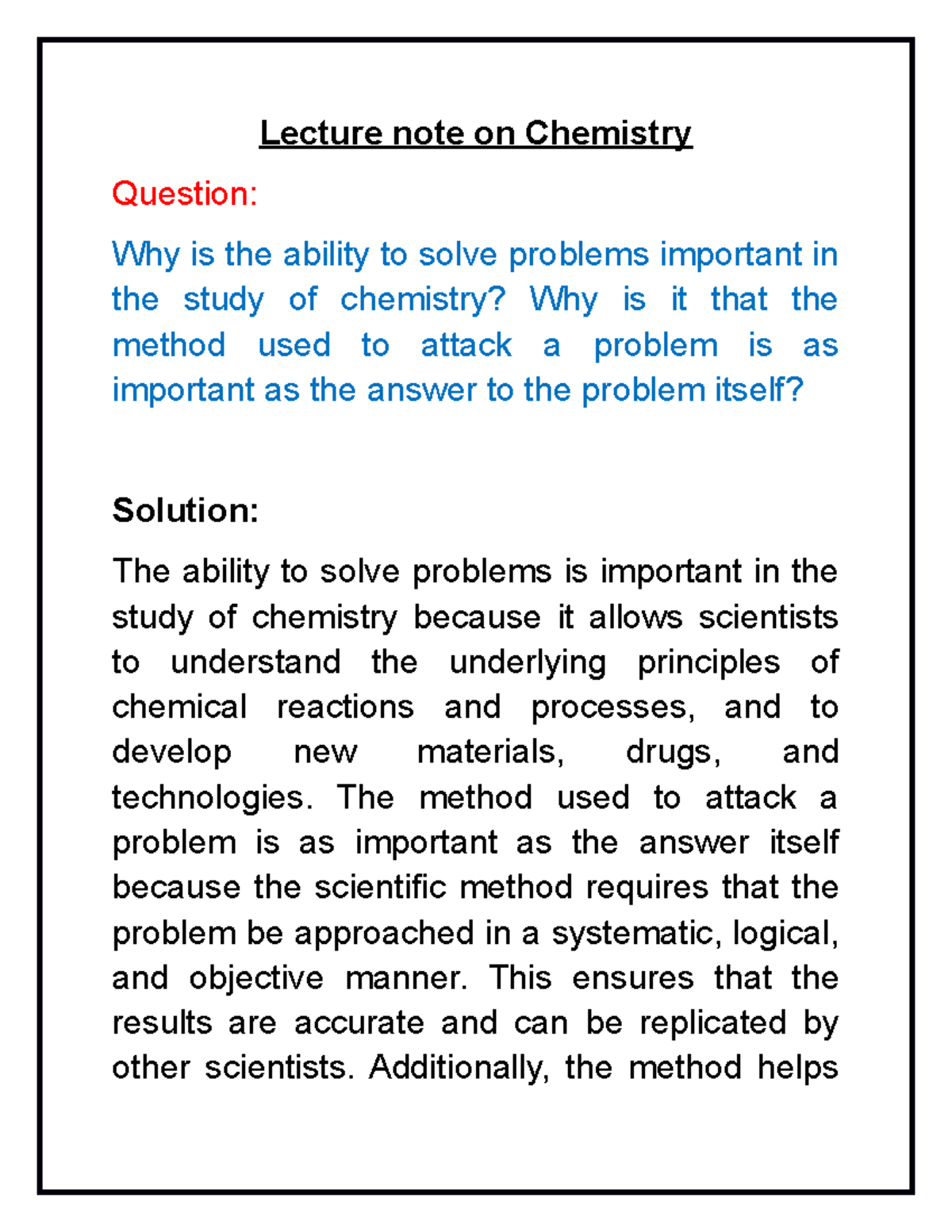 Lecture note on Chemistry - Lecture note on Chemistry Question: Why is ...
