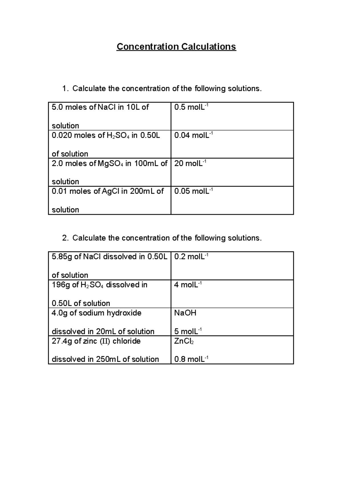 013a Answers Concentration Calculations - Concentration Calculations ...