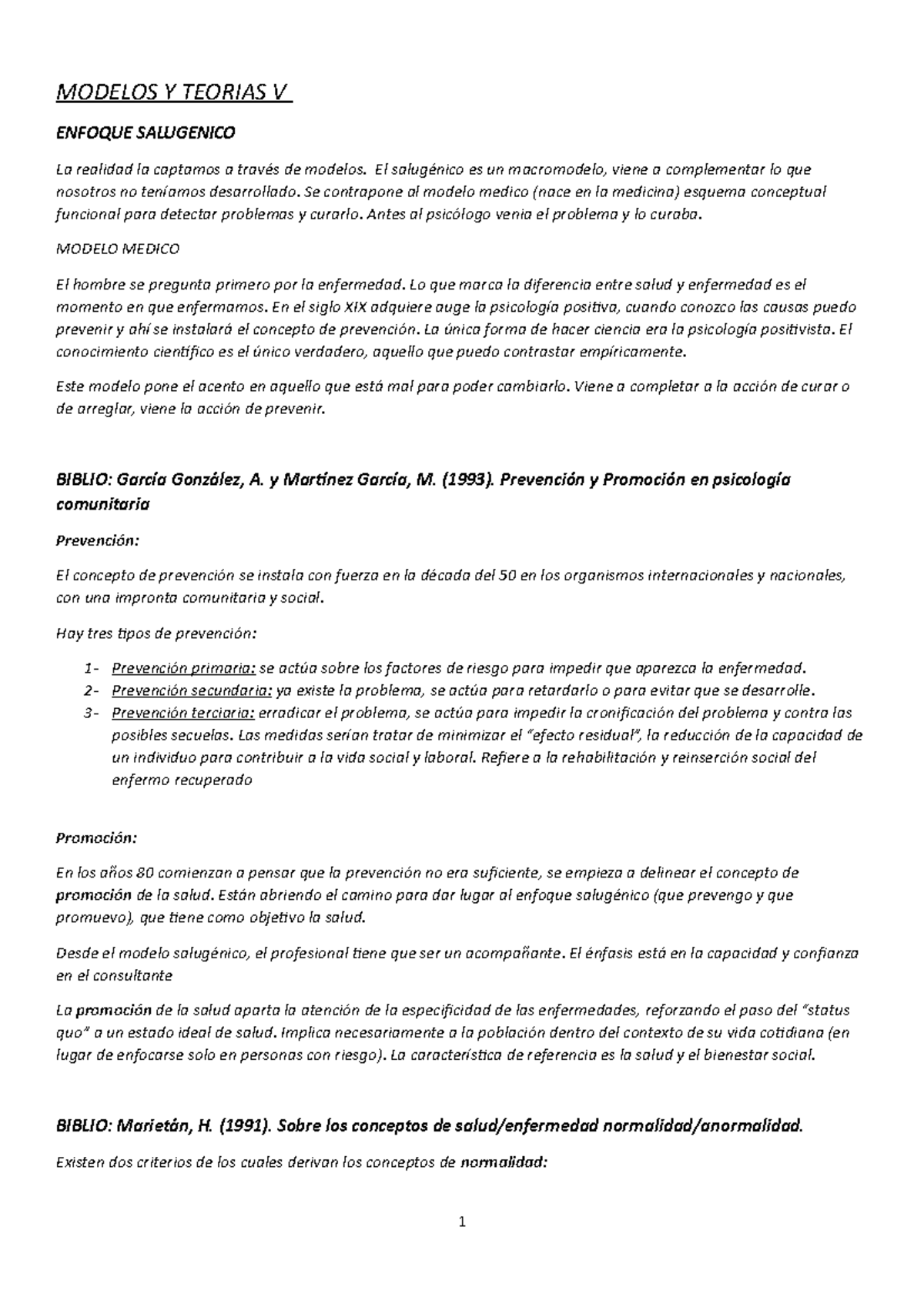 Resumen modelos y teorias V - MODELOS Y TEORIAS V ENFOQUE SALUGENICO La ...
