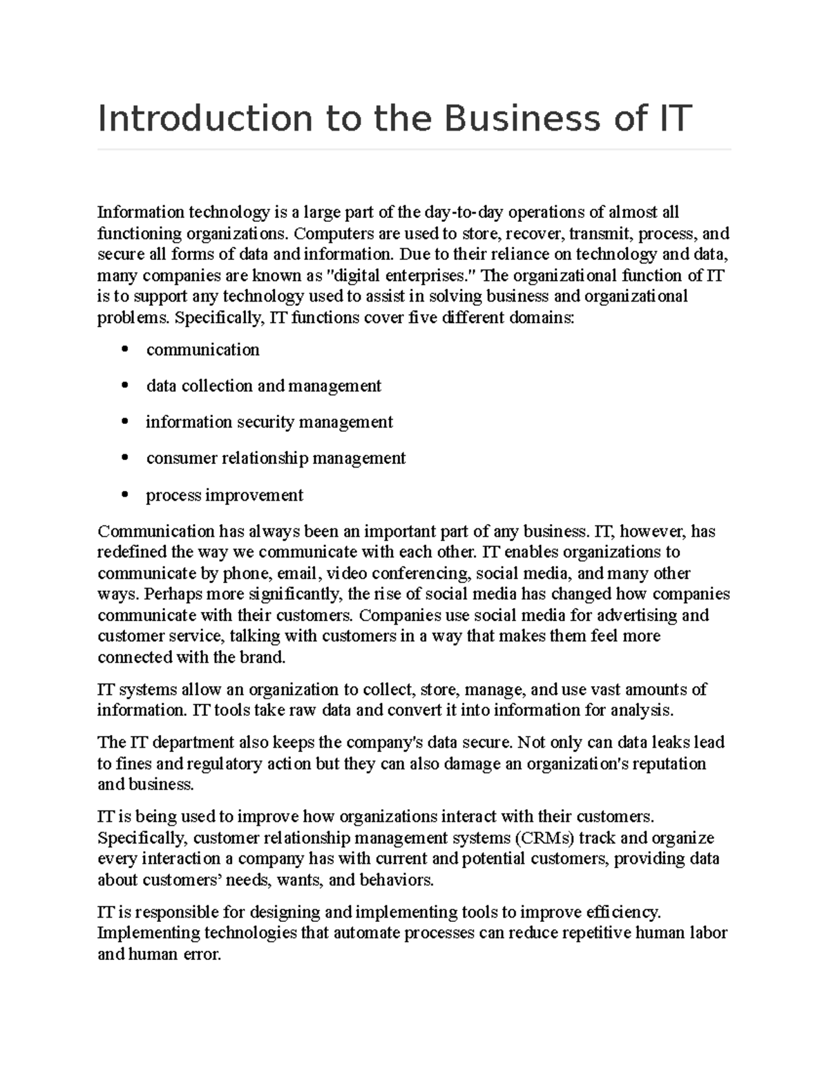 Module 21 Introduction to the Business of IT - Introduction to the ...