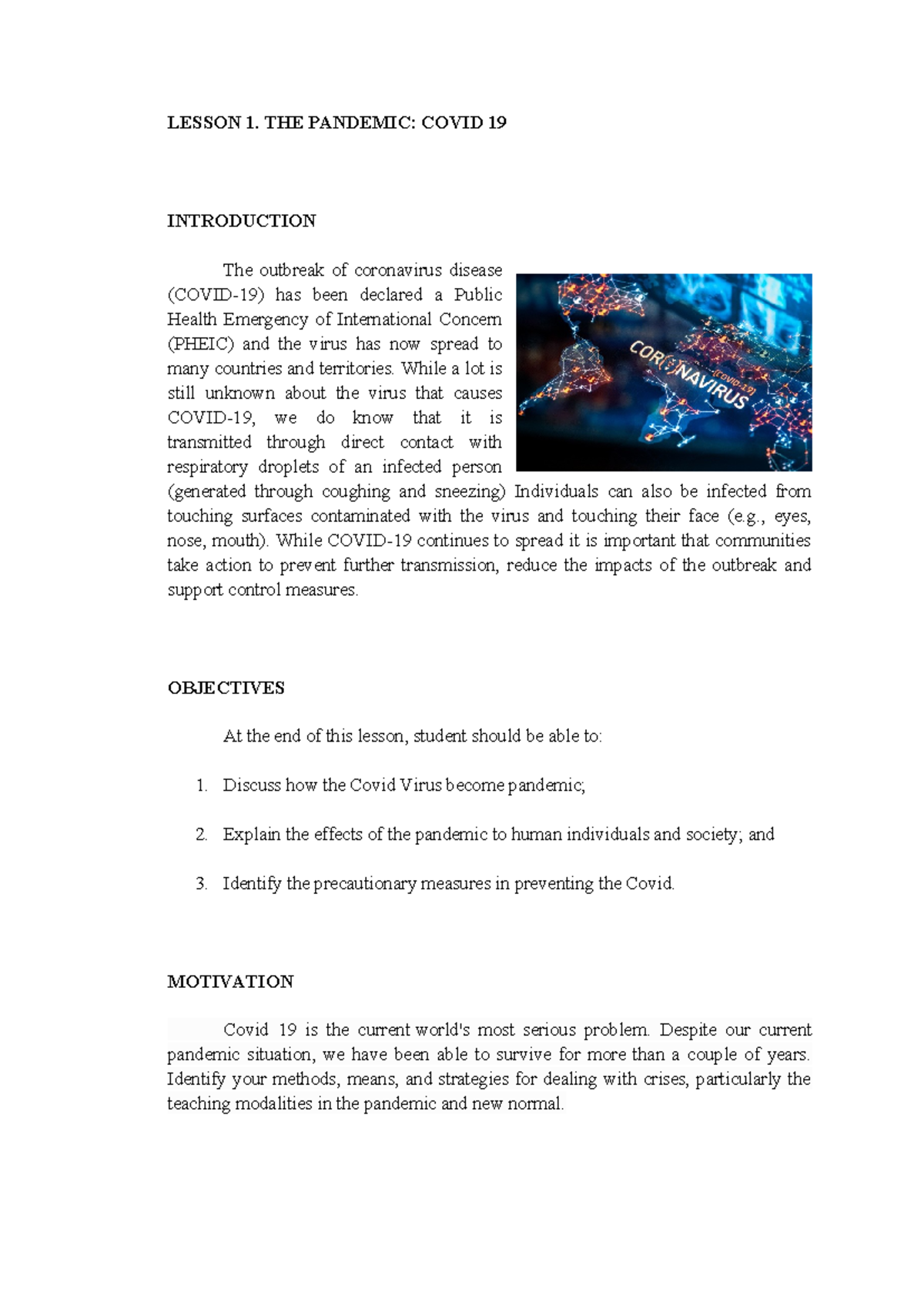 The Pandemic: COVID 19 - LESSON 1. THE PANDEMIC: COVID 19 INTRODUCTION ...