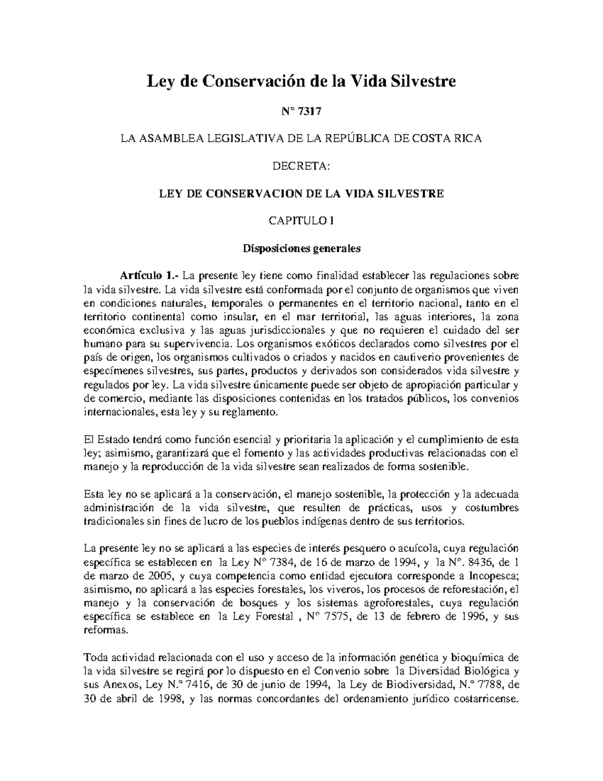 Ley de Conservación de la Vida Silvestre Nº 7317 - Ley de Conservación ...