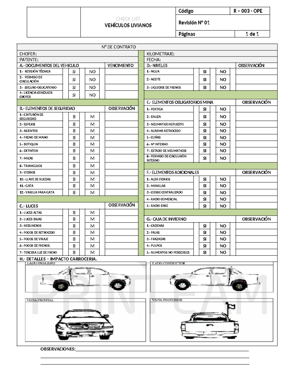 Check LIST Camioneta - ... - CHECK LIST VEHÍCULOS LIVIANOS Código R ...