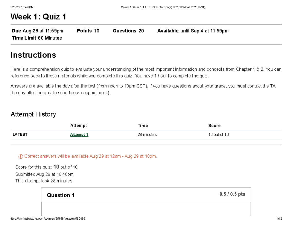 Week 1 Quiz 1 LTEC 5300 Section(s) 002,003 (Fall 2023 8W1) - Week 1 ...
