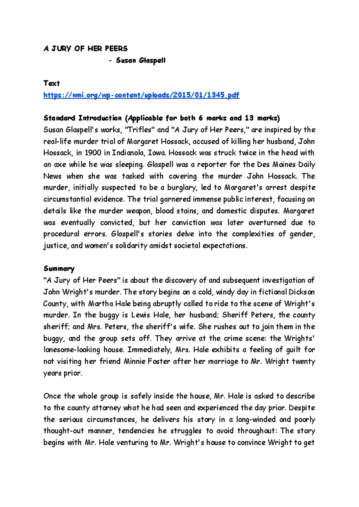 A Jury of Her Peers - Summary - A JURY OF HER PEERS Susan Glaspell Text ...