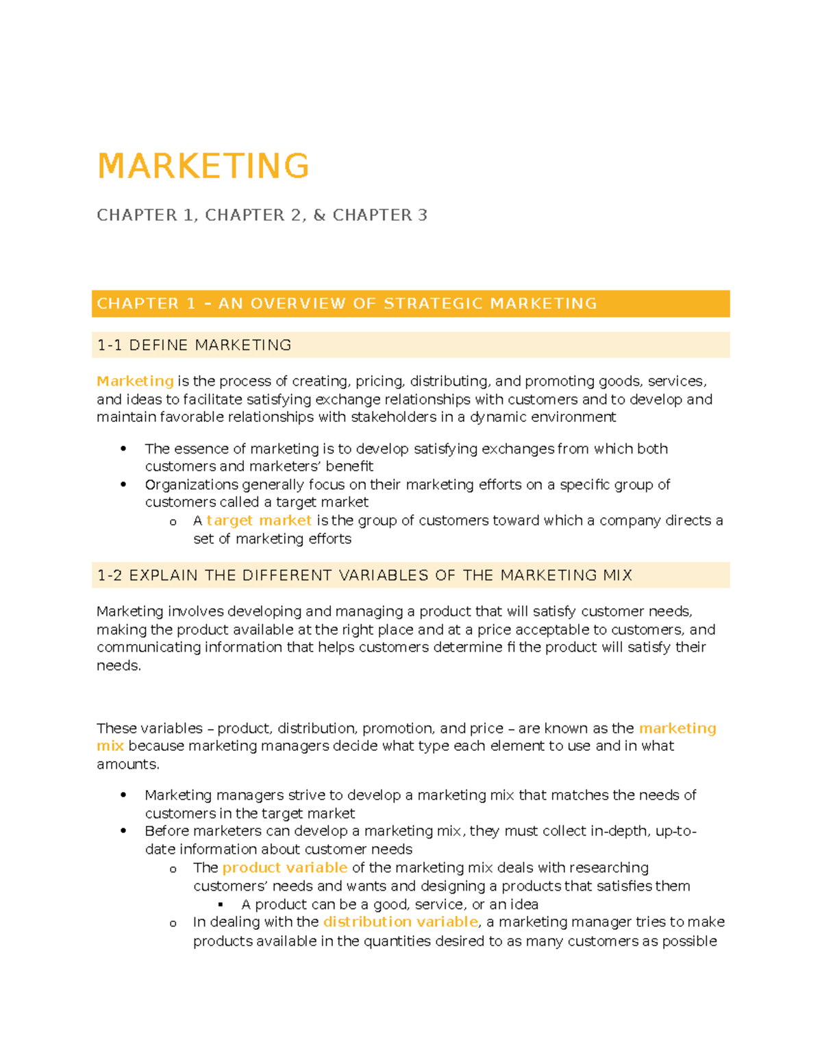 Principals of Marketing - Chapters 1, 2, and 3 - MARKETING CHAPTER 1 ...