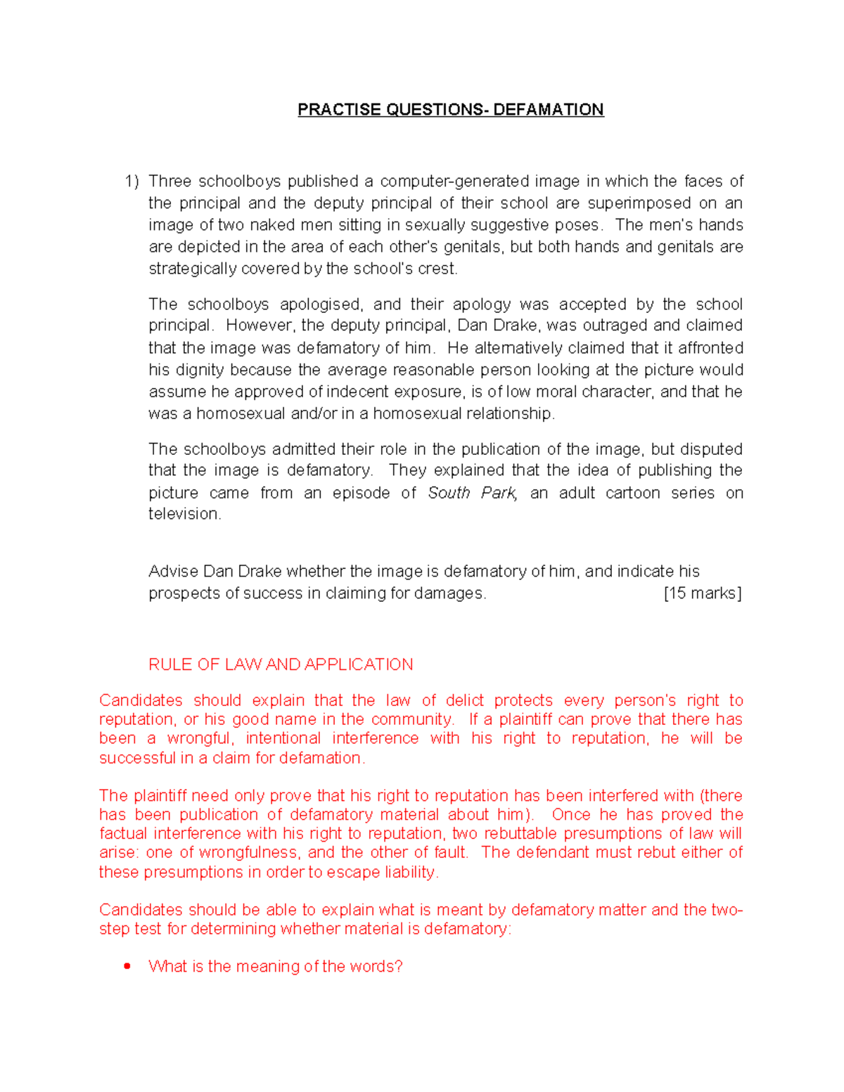 Practise Questions Defamation - PRACTISE QUESTIONS- DEFAMATION Three ...