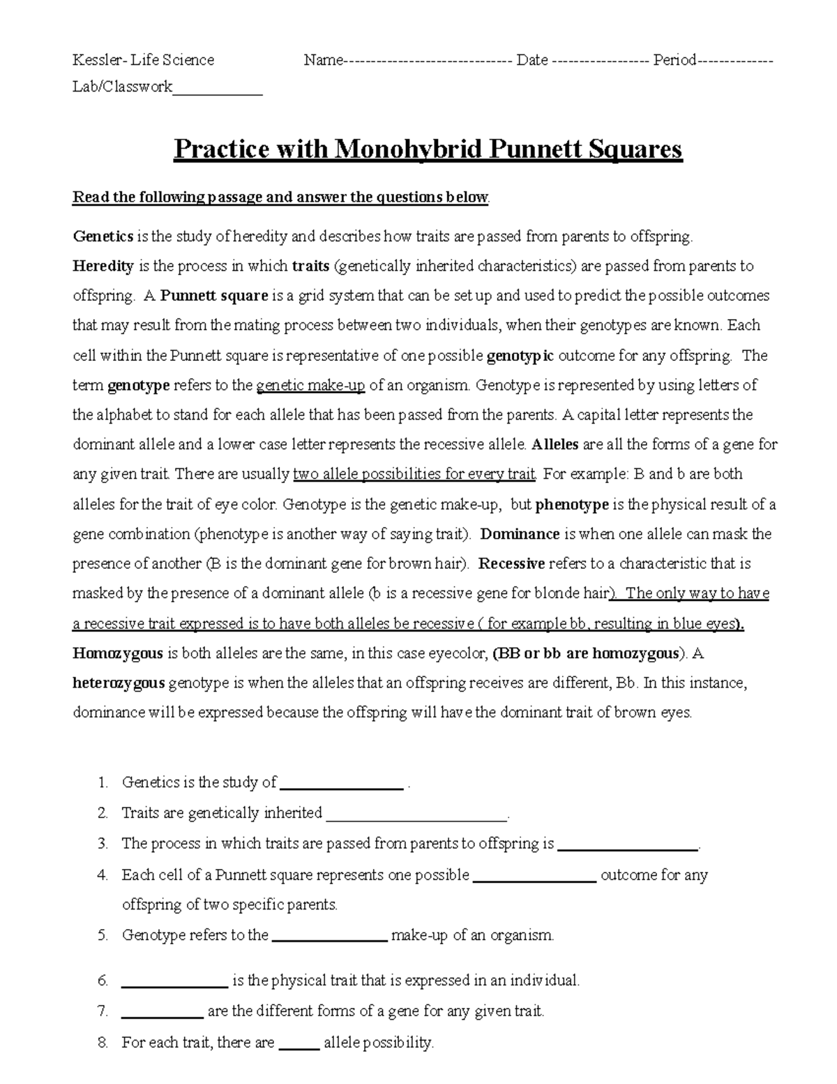 Punnett Square Practice for biol 201 students concordia university ...