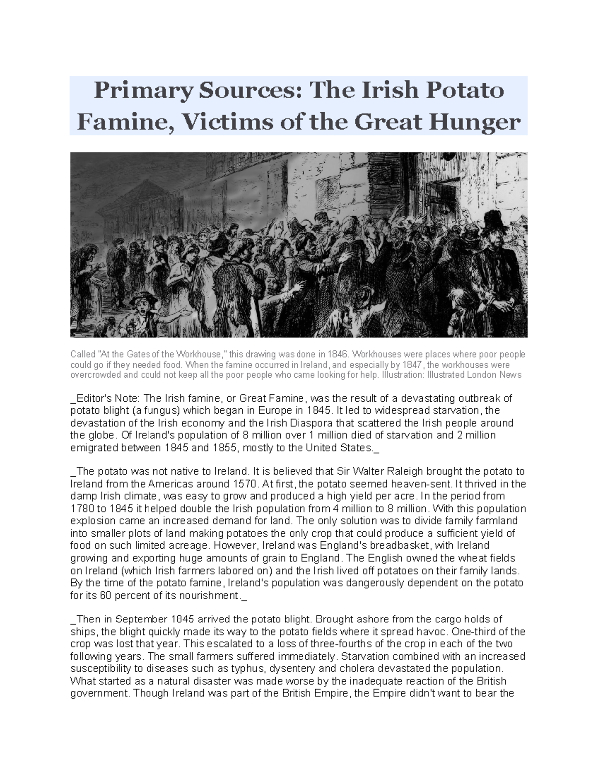 Primary Sources The Irish Potato Famine, Victims of the Great Hunger ...