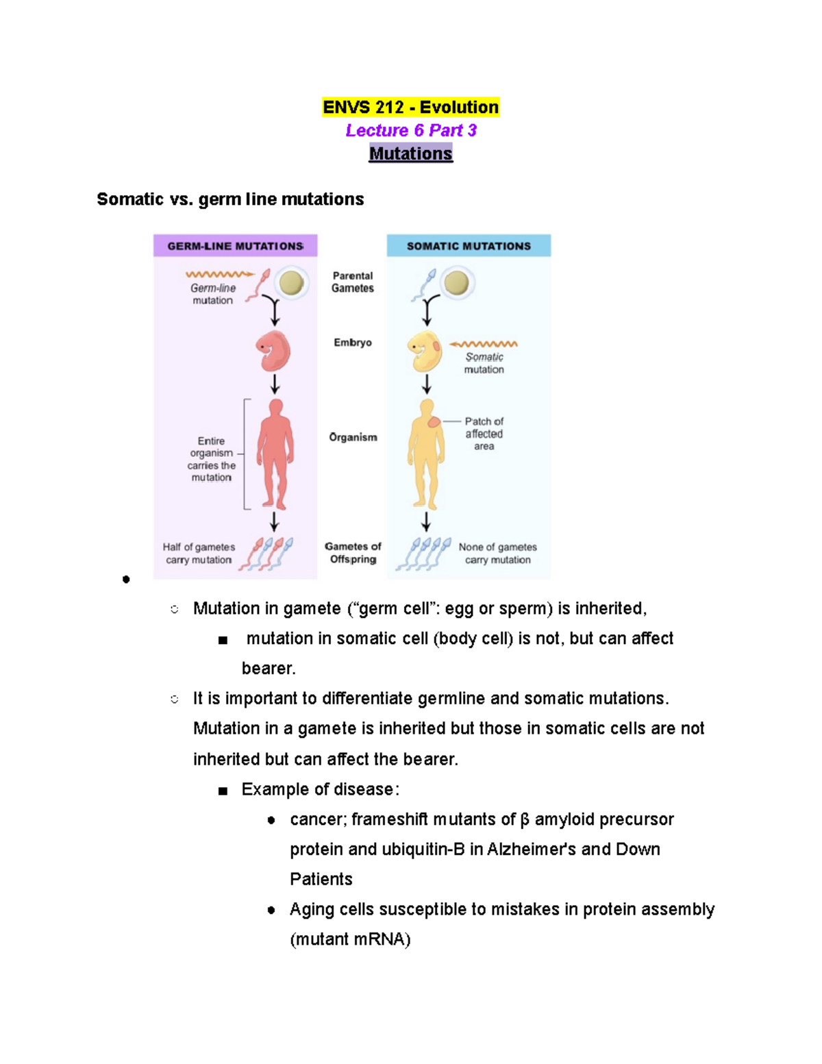 ENVS 212 Lecture 6 Part 3 - Spring 2020 - ENVS 212 - Evolution Lecture 6 Part 3 Mutations ...