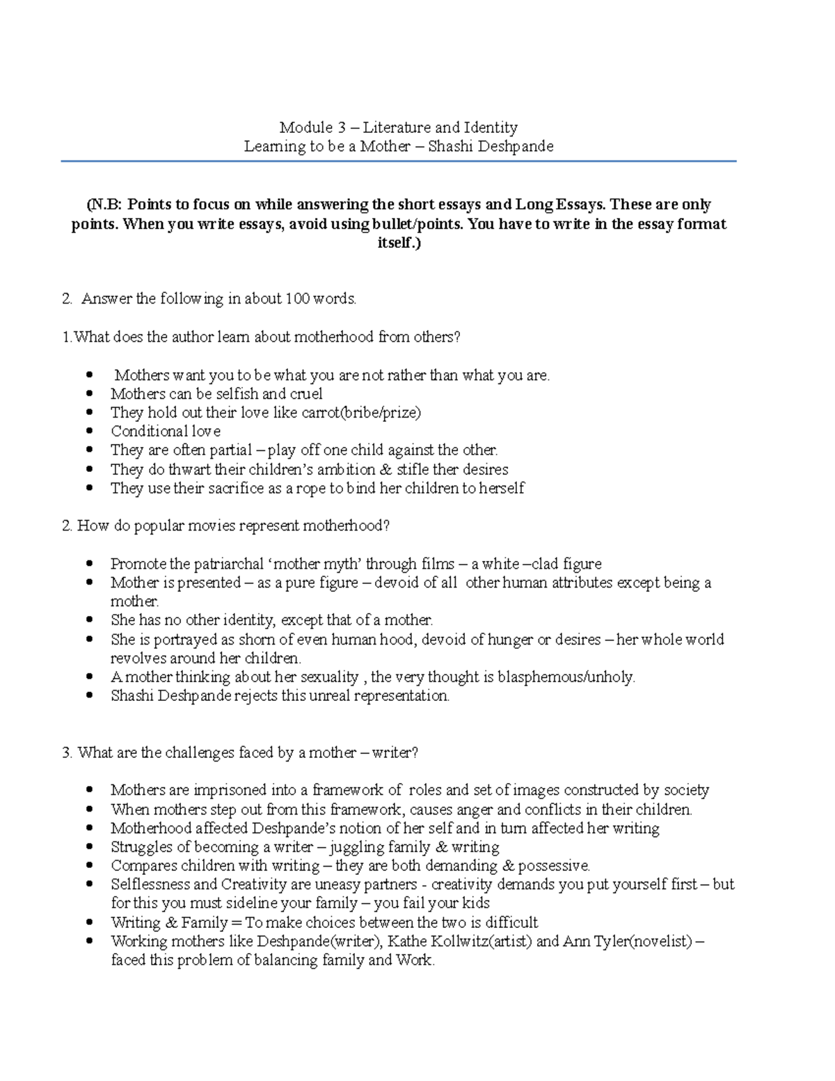 Learning to be a Mother- questions and answers - Module 3 – Literature ...