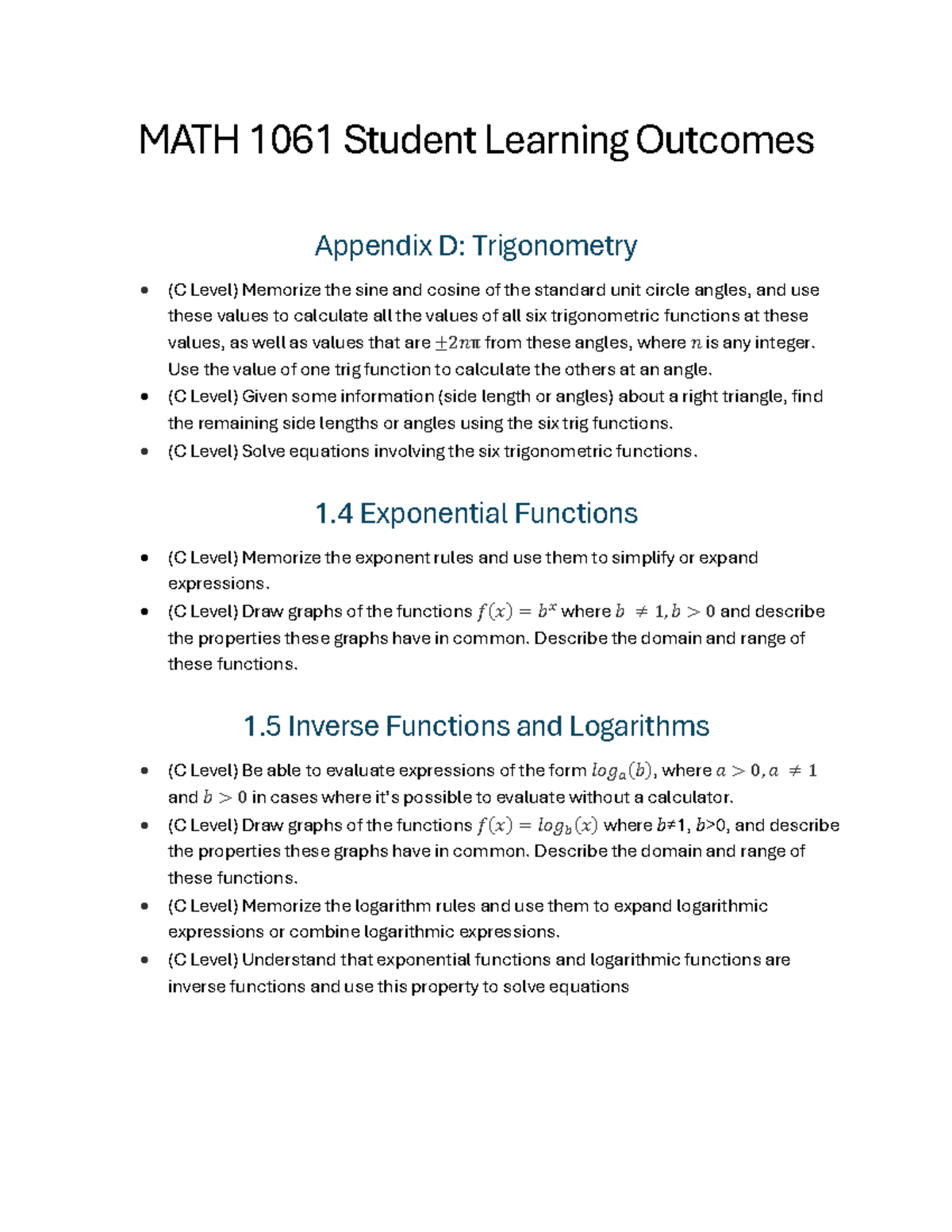 MATH 1061 Student Learning Outcomes - MATH 1061 Student Learning ...