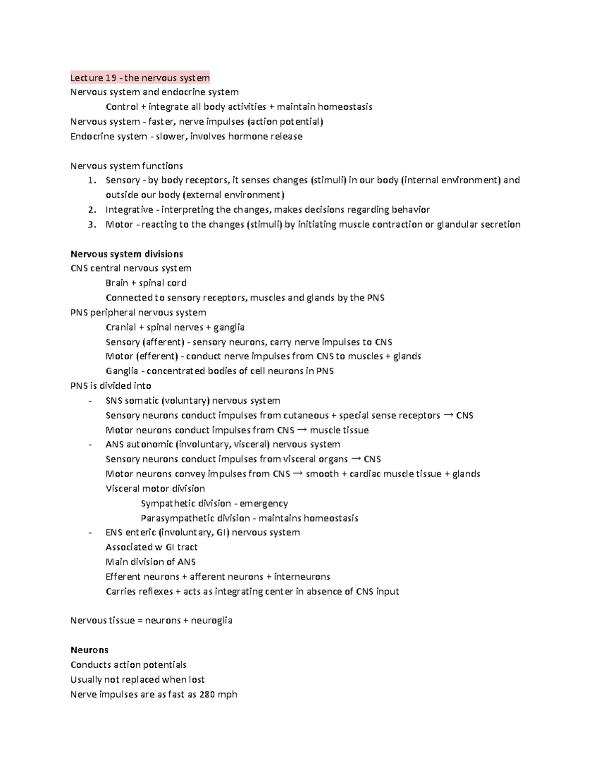 A&p test 2 - test 2 - Lecture 19 - the nervous system Nervous system ...
