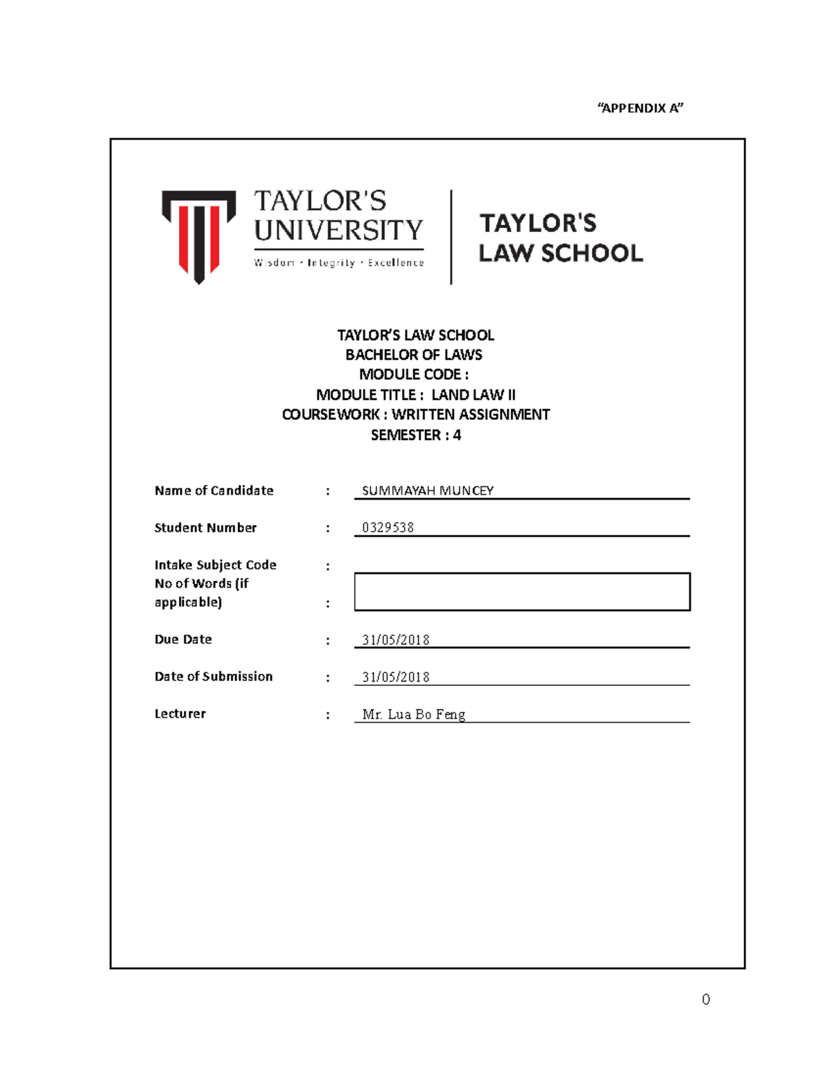 2.Cover Sheet - Appendix A B- TLS - Individual - “APPENDIX A” TAYLOR’S ...