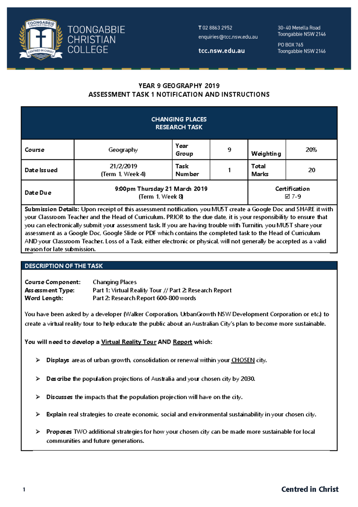 Task 1 Research Task - Year 9 Geography 2019 - 1 YEAR 9 GEOGRAPHY 2019 ...