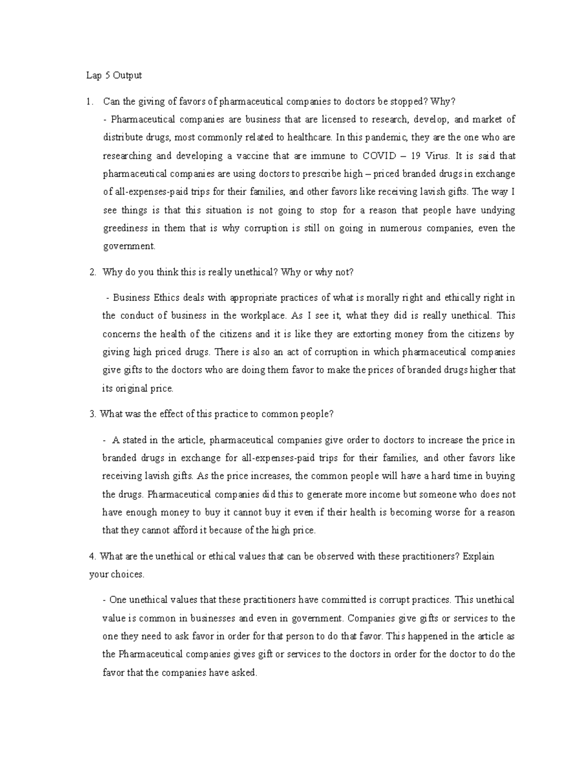 Lap 5 Output - Lap 5 Output Can the giving of favors of pharmaceutical ...